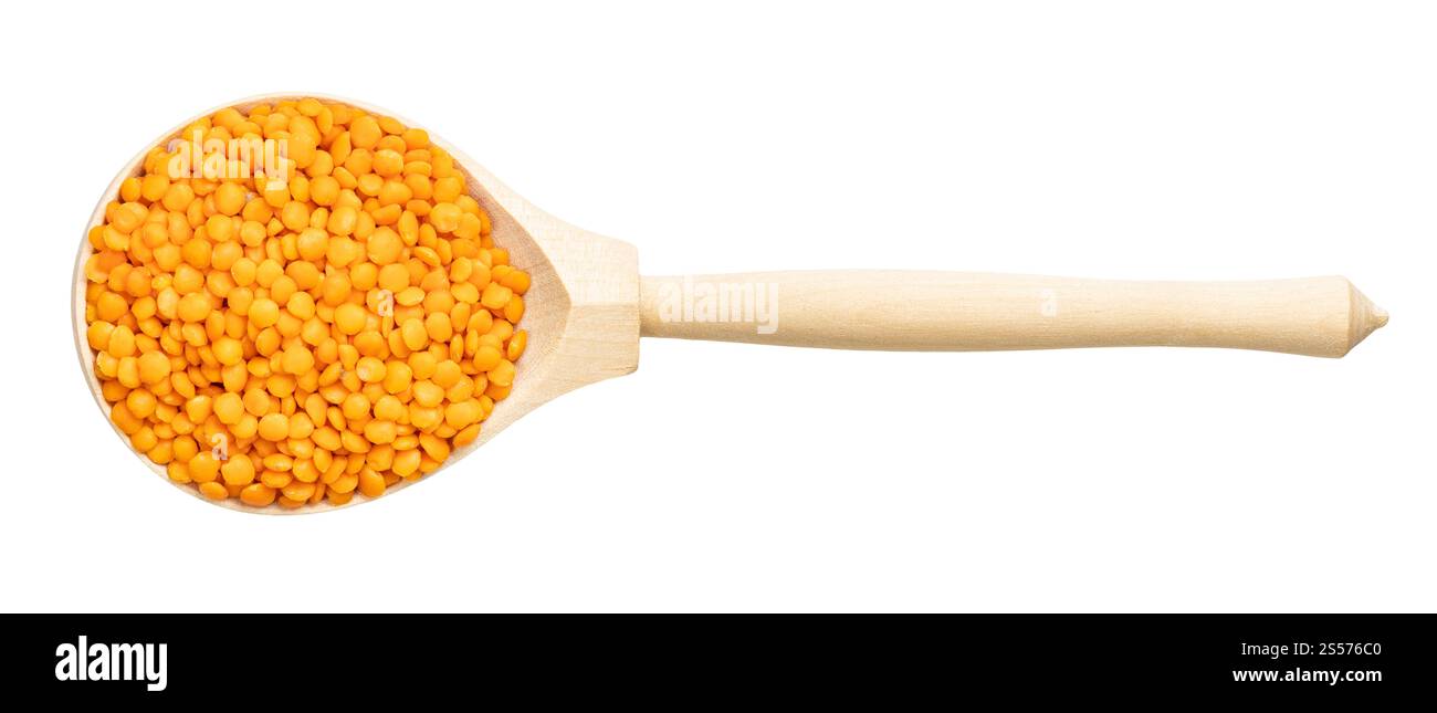 top view of wood spoon with raw whole red lentils isolated on white background Stock Photo - Alamy