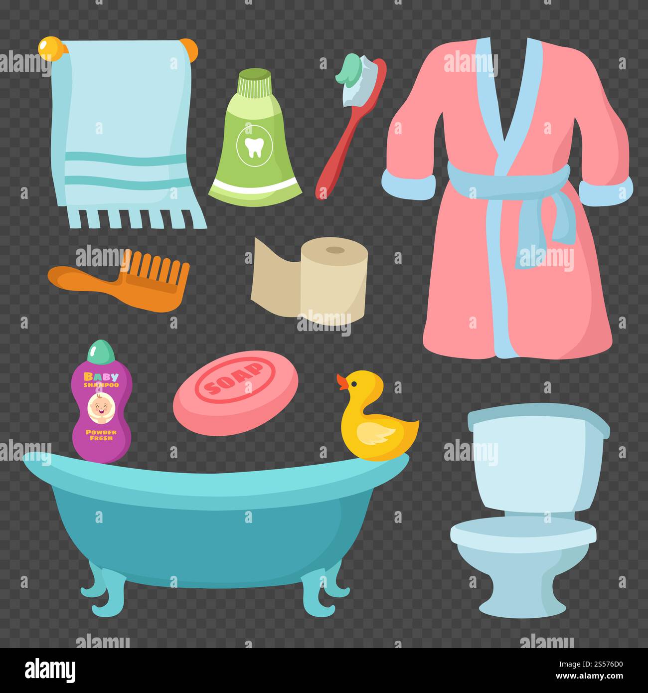 Cartoon bathroom accessories vocabulary vector isolated on transparent ...