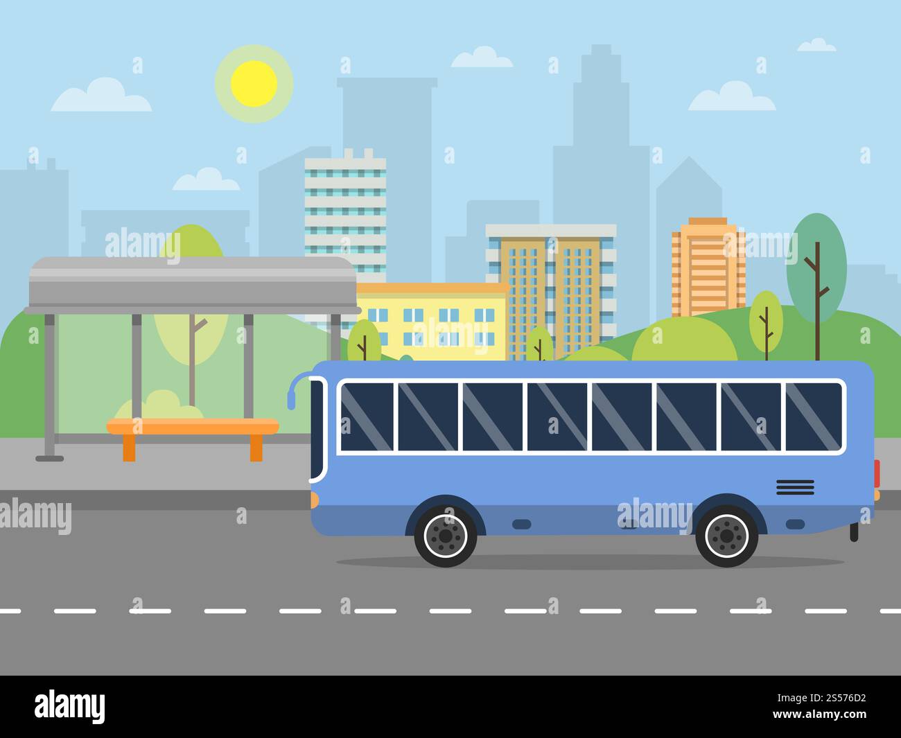 Urban landscape with illustration of public bus station. Passenger city ...