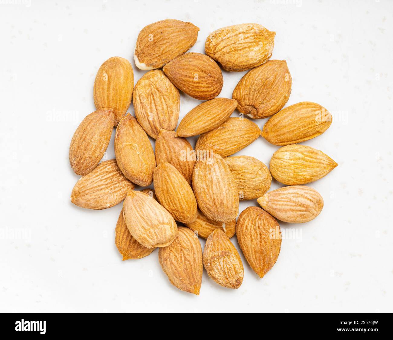 top view of pile of raw apricot kernels close up on gray ceramic plate ...