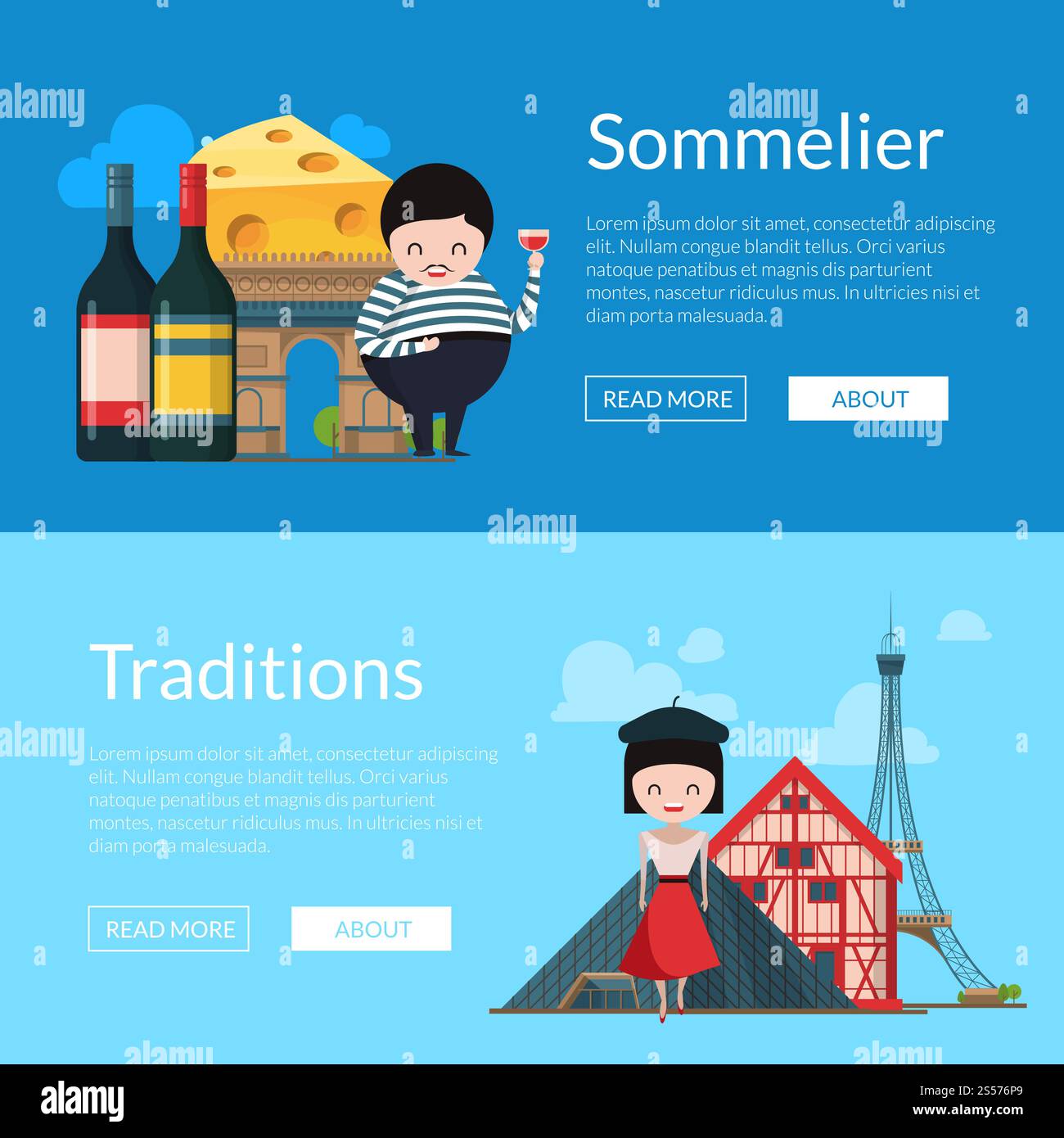Vector cartoon France sights and objects horizontal web banners ...