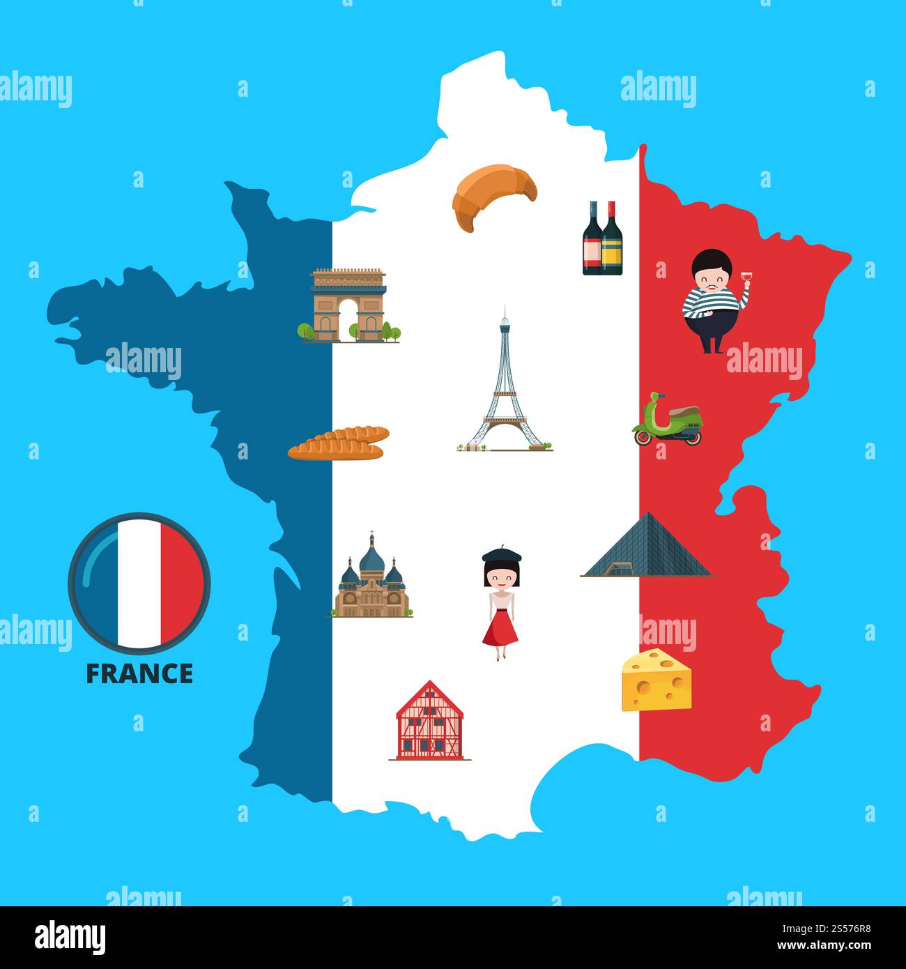 Vector cartoon France sights and objects on France contour map concept ...