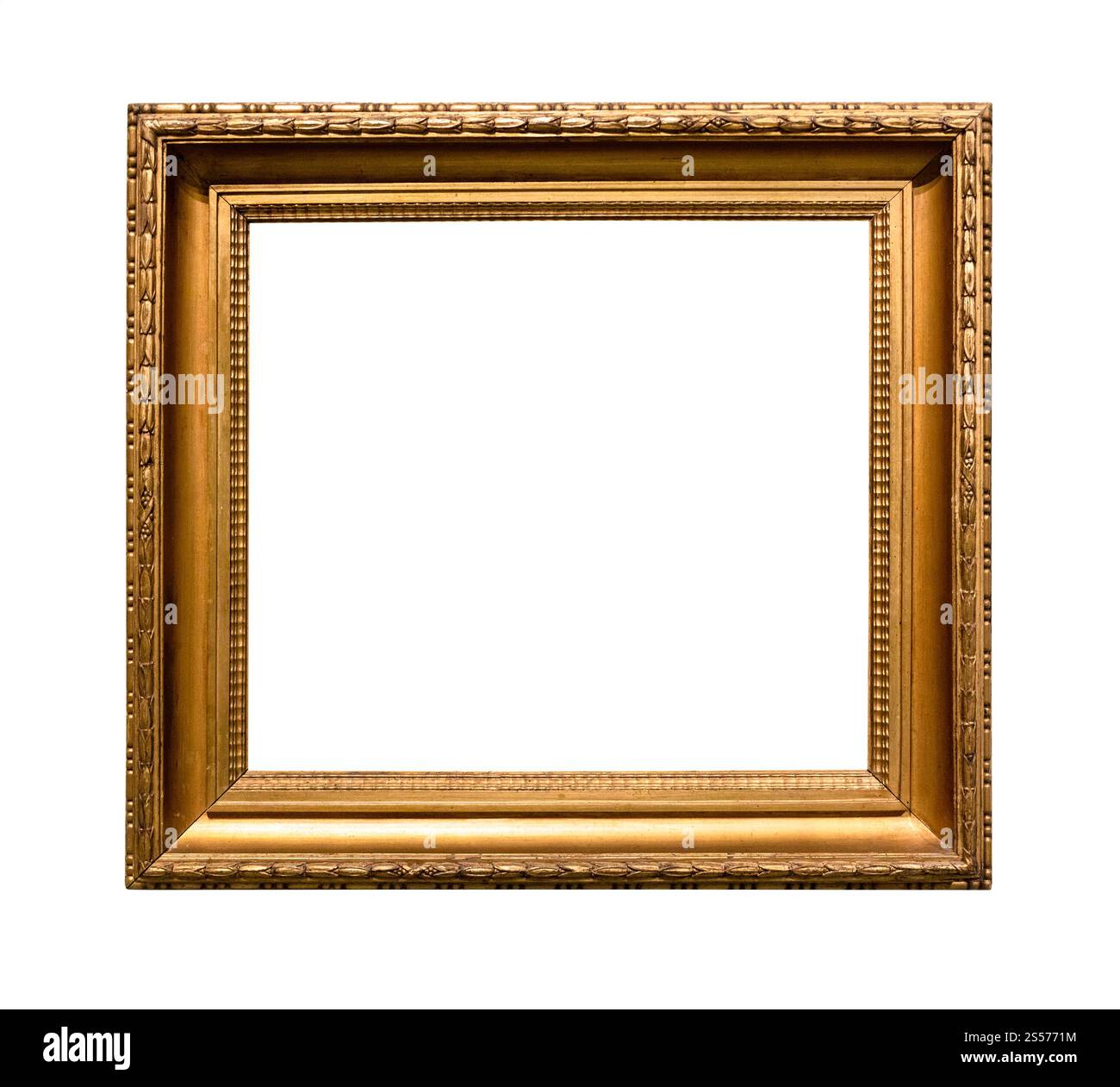 old wide classic golden picture frame with cut out canvas isolated on ...