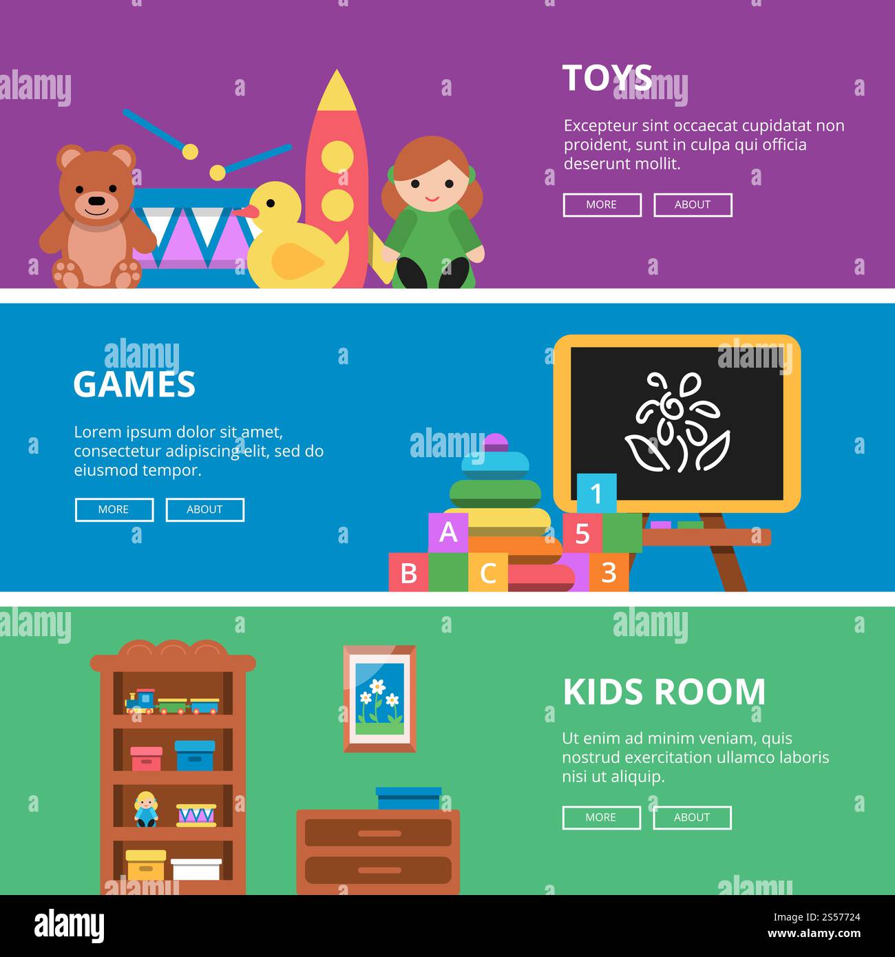 Horizontal banners with pictures of toys for kids. Duck and bear, doll ...