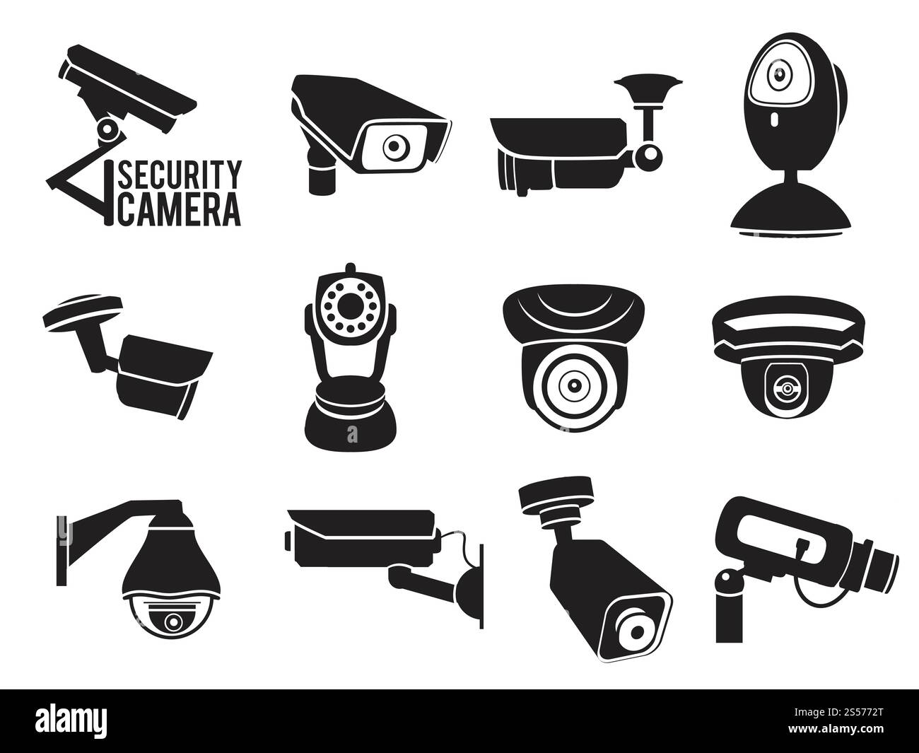 Monochrome vector illustrations of security video cameras. Cctv system ...