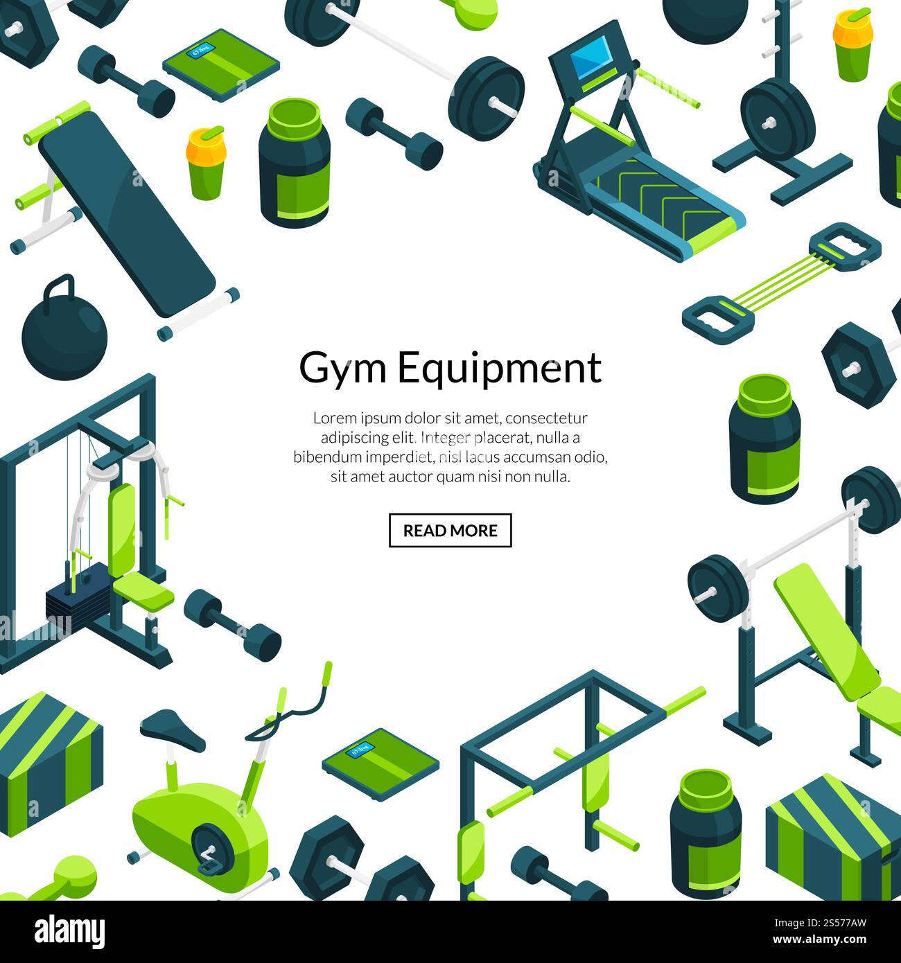 Vector isometric gym banner and poster background with place for text illustration. Vector ...