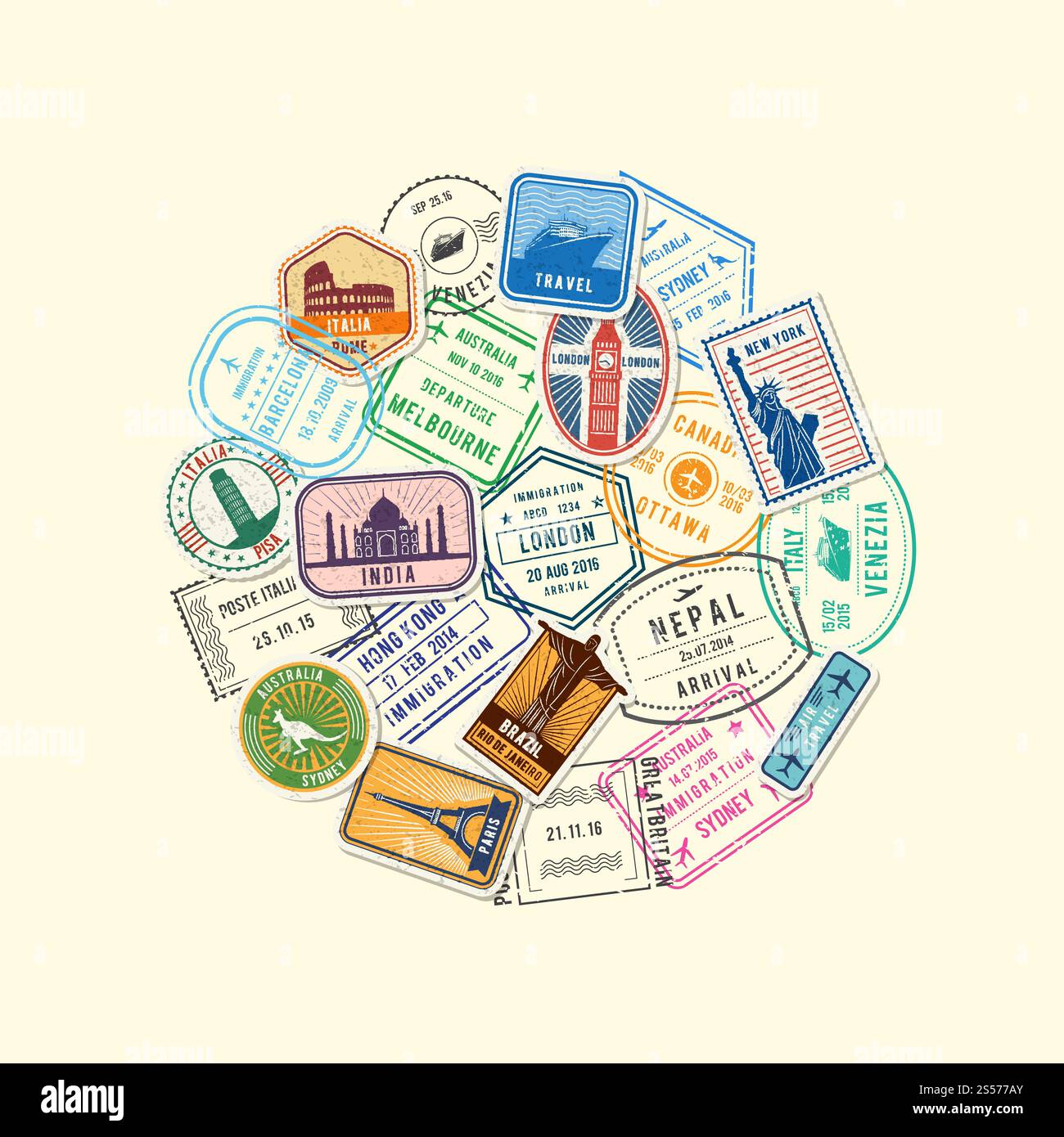 Vector world immigration and post stamp marks gathered in circle ...