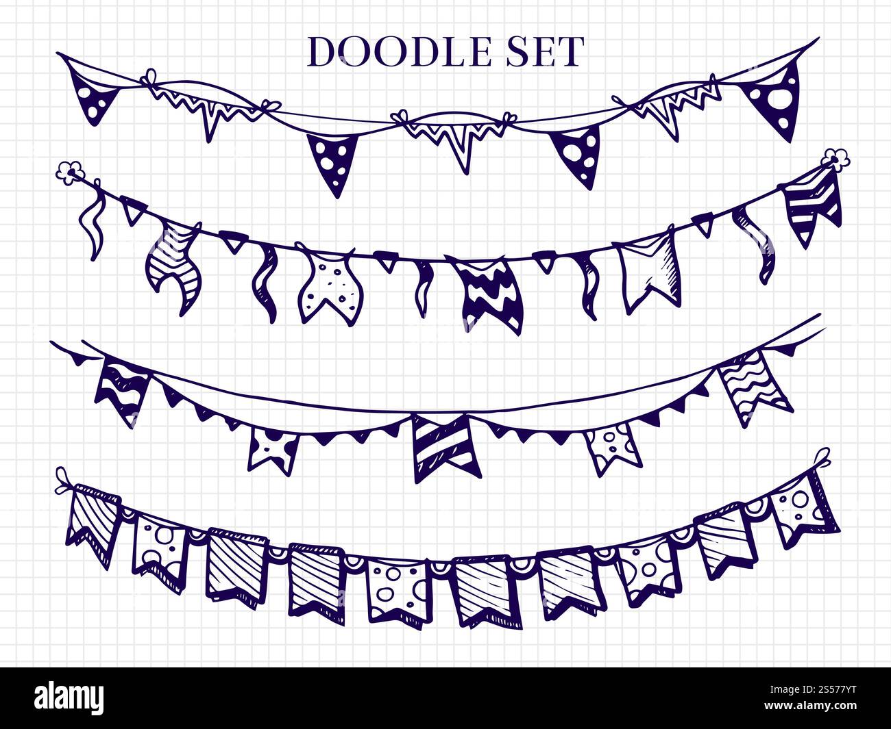Hand drawn flags garlands doodle vector set for birthday celebration, sketchy border bunting for ...
