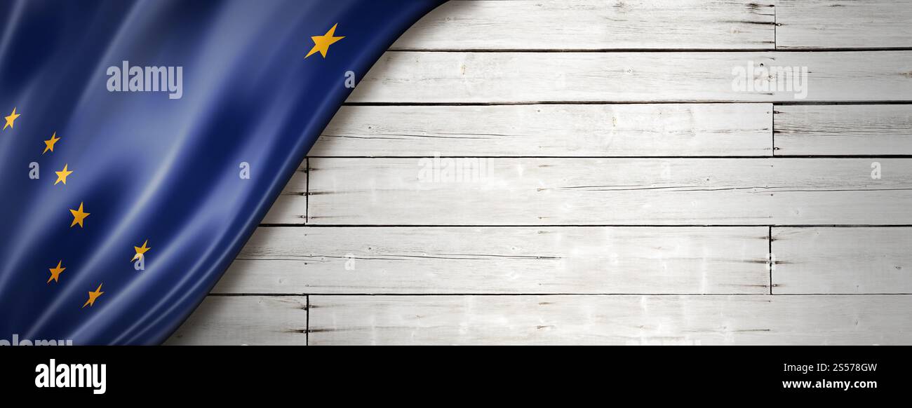Alaska flag on white wood wall banner, USA. 3D illustration. Alaska ...