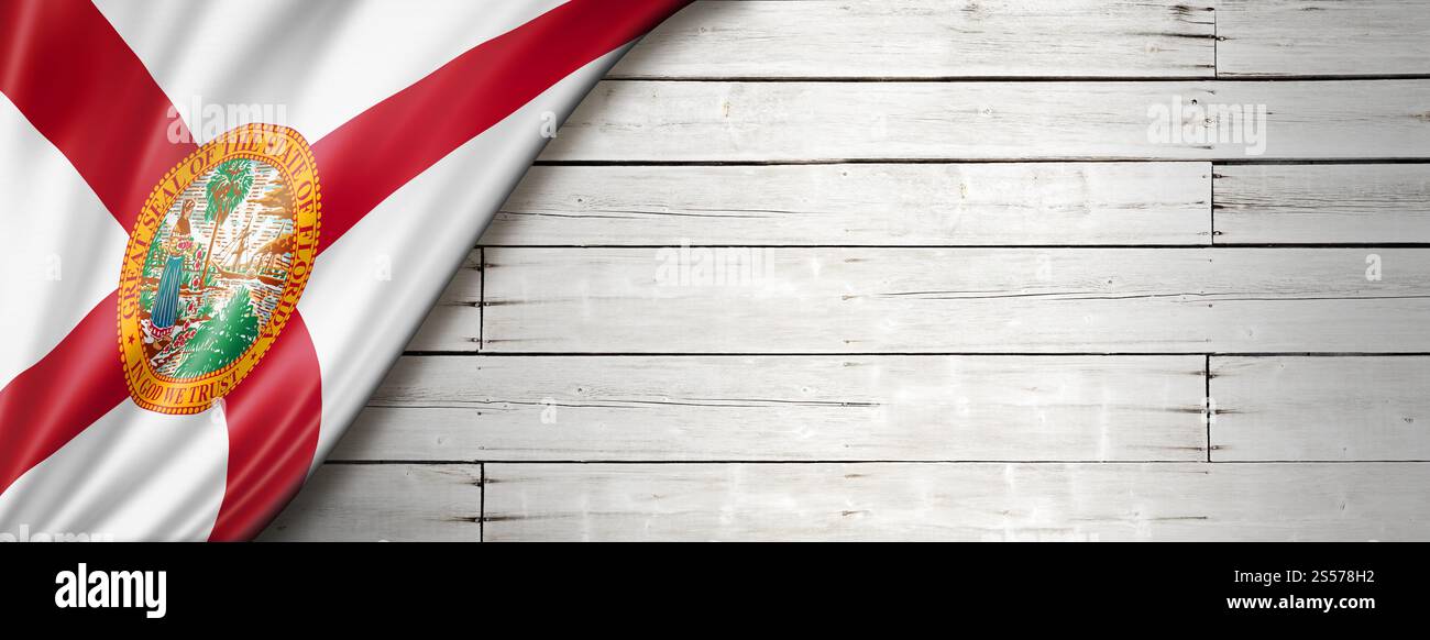 Florida flag on white wood wall banner, USA. 3D illustration. Florida ...