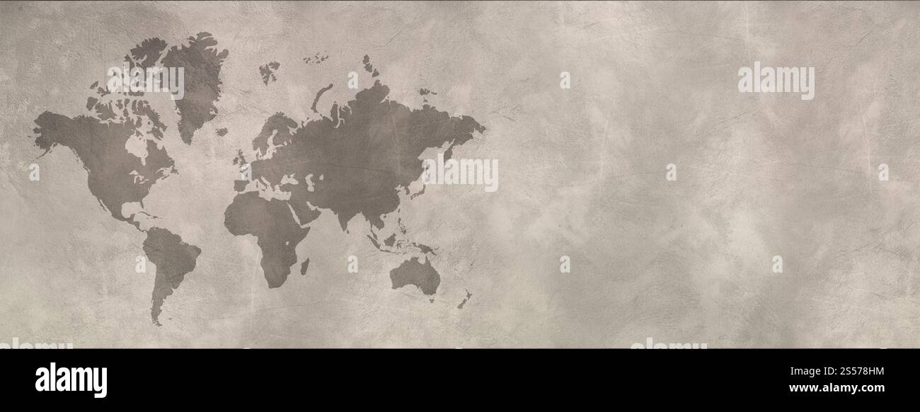 World map isolated on concrete wall background. Horizontal banner ...