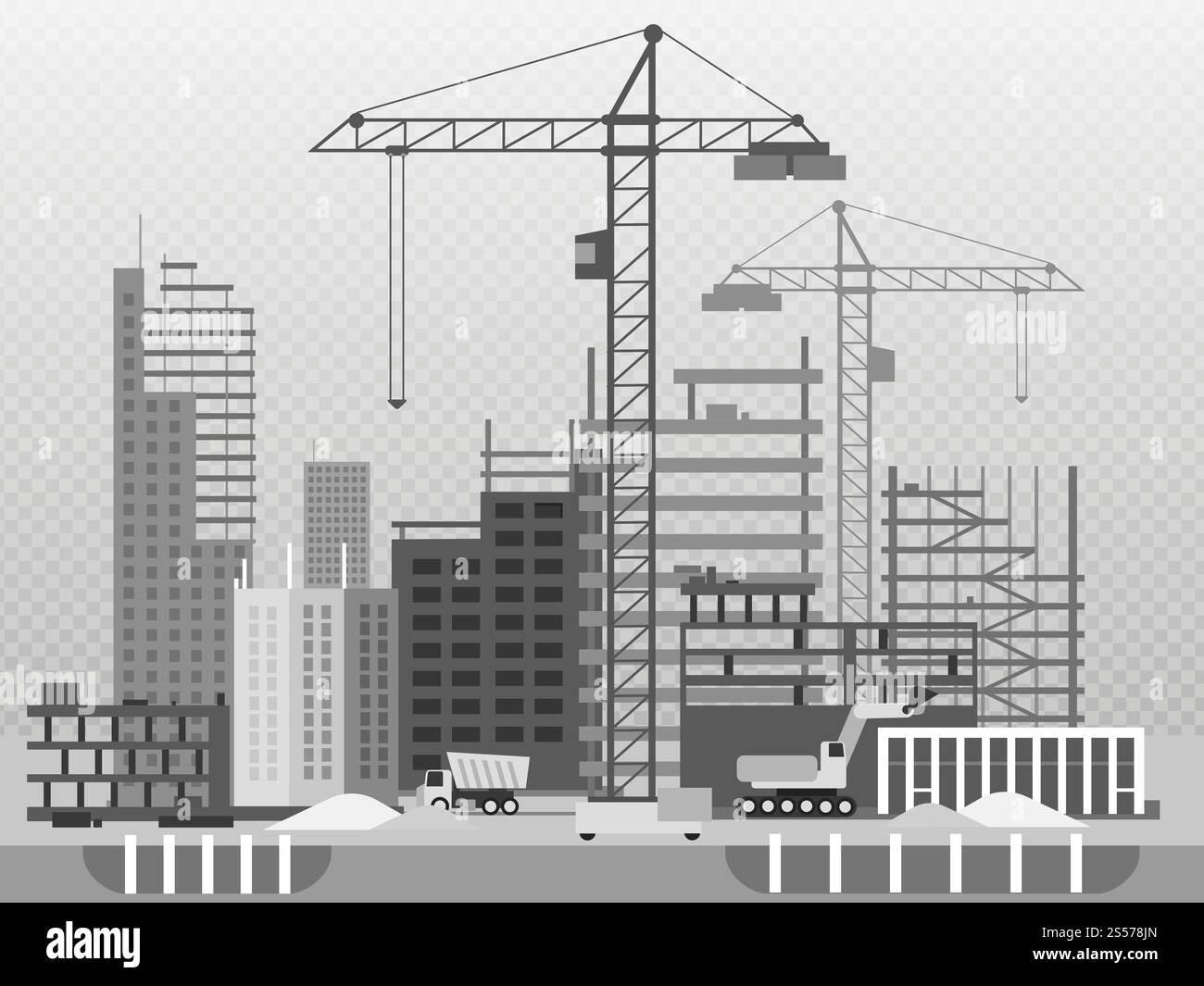 Work process of buildings construction and machinery isolated on ...