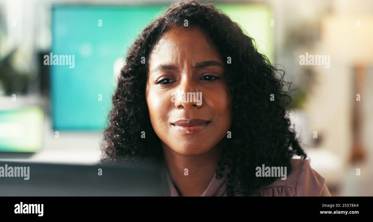 Business, thinking and woman with doubt, laptop and mistake with wonder ...