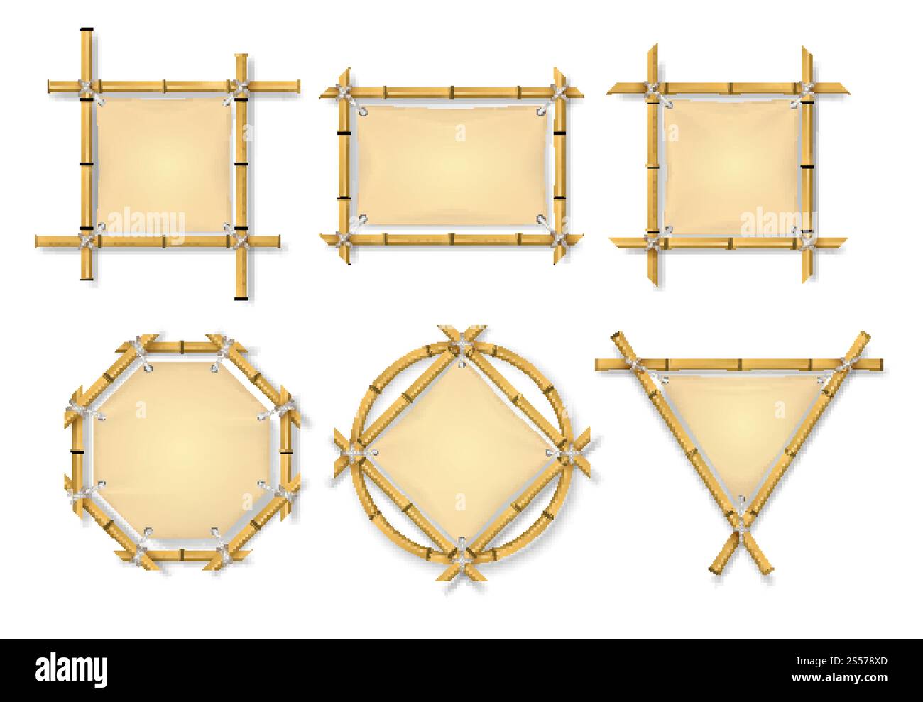 Bamboo frames. Chinese wooden stick signs with blank papyrus banners ...