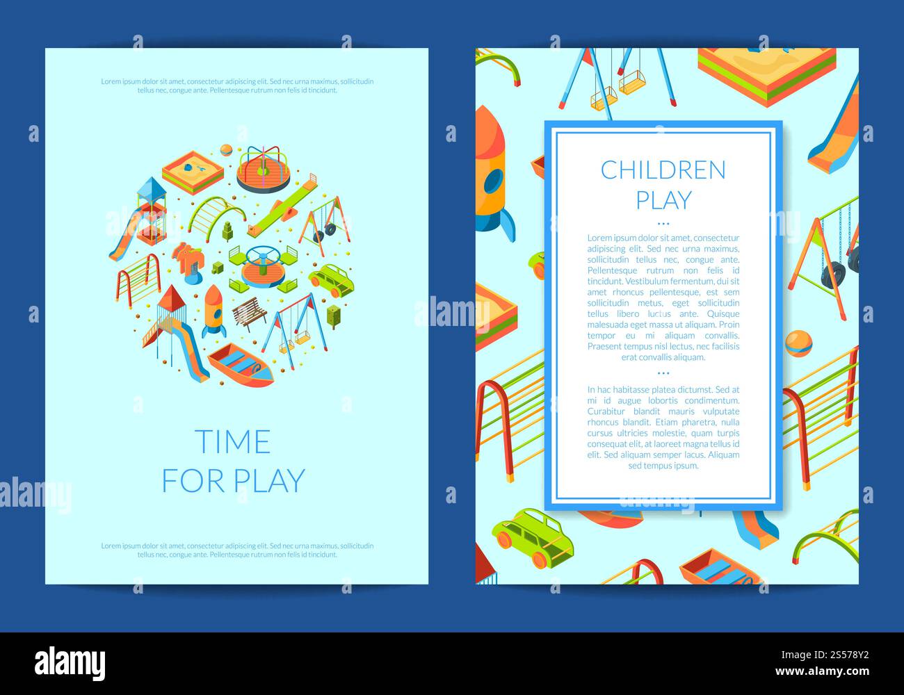 Vector isometric playground objects card, flyer or brochure template ...