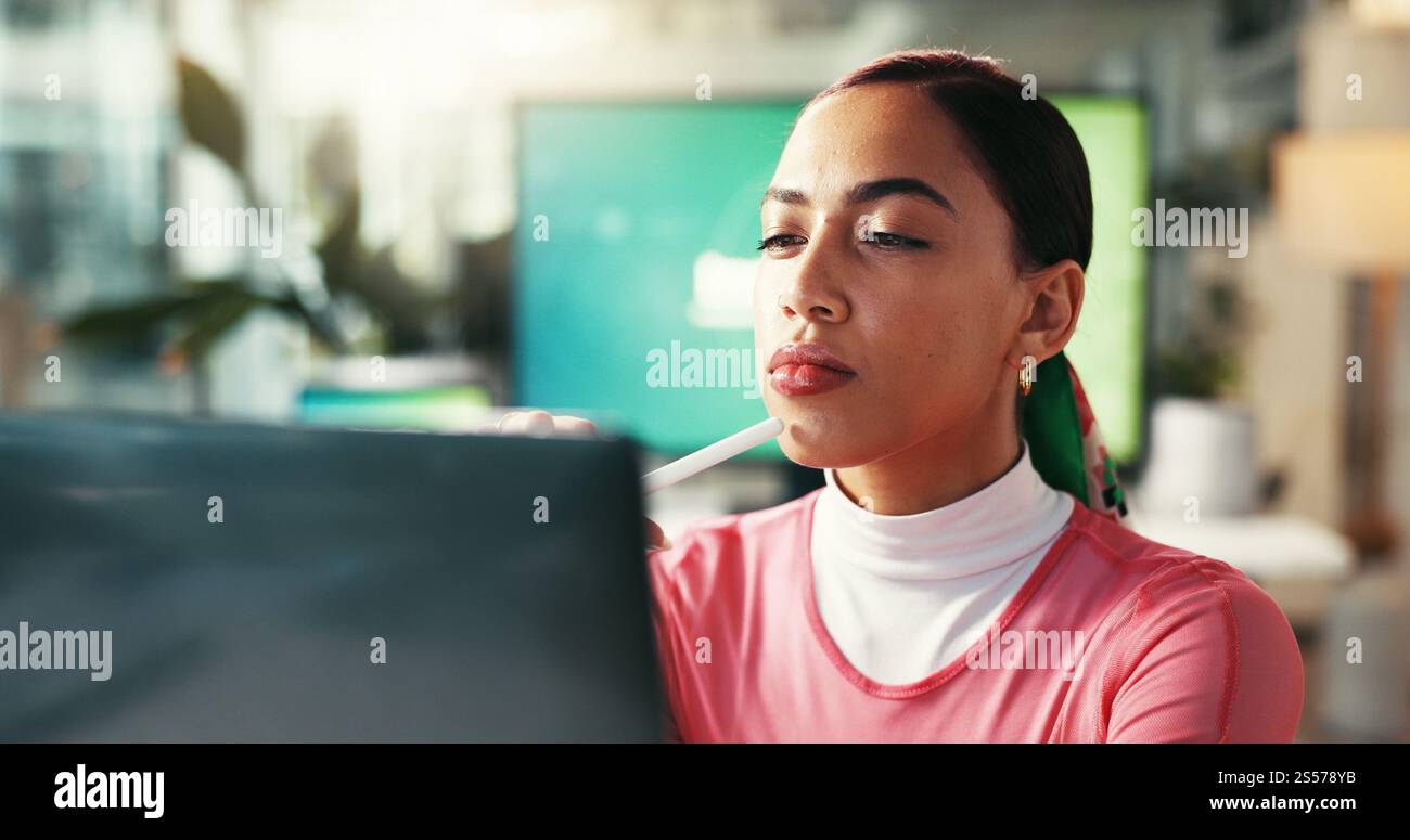 Business, thinking and woman in office, laptop and ideas with wonder ...