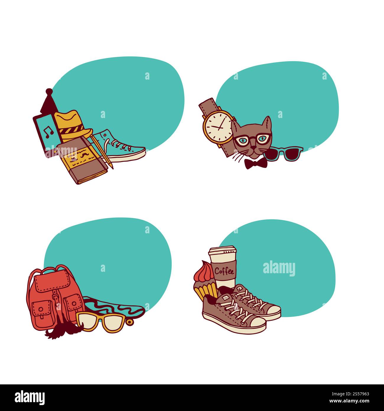 Vector hipster doodle icons stickers set with place for text ...