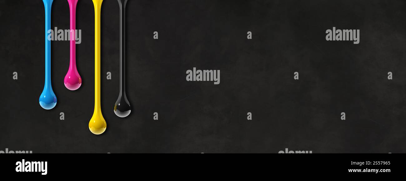 3D cmyk ink drops isolated on black concrete background. Horizontal ...