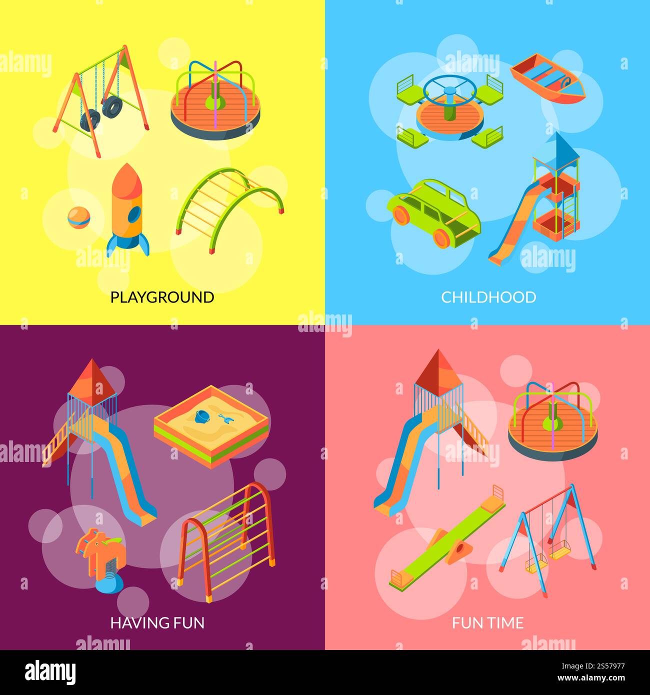 Vector set of banner or poster with isometric playground objects ...