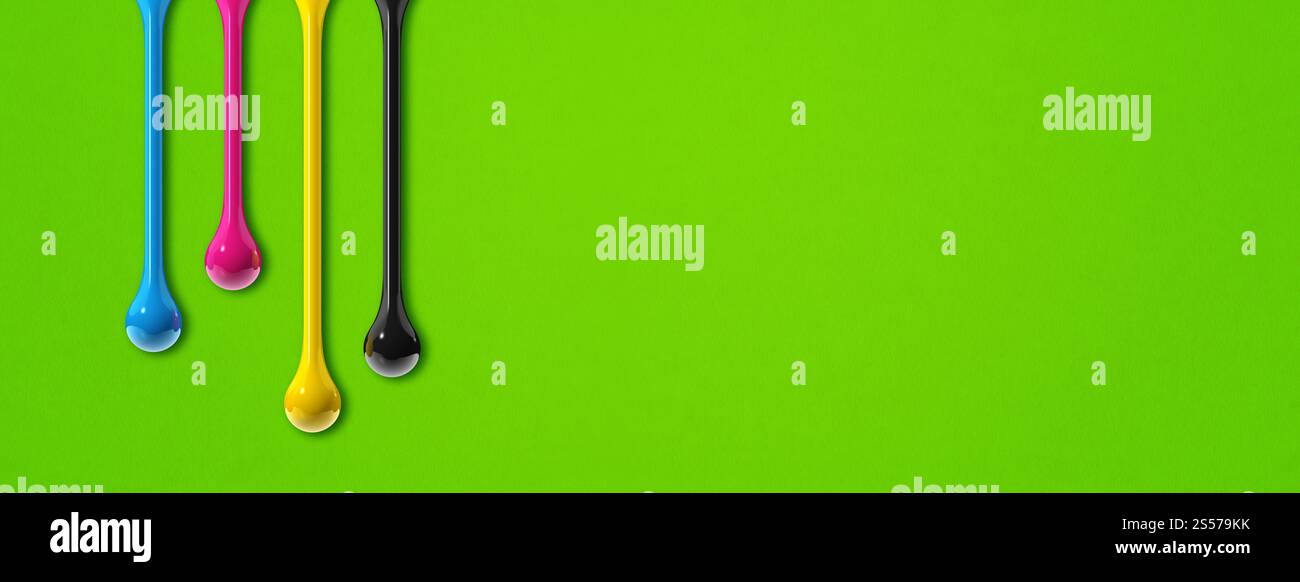 3D cmyk ink drops isolated on green paper background. Horizontal banner ...