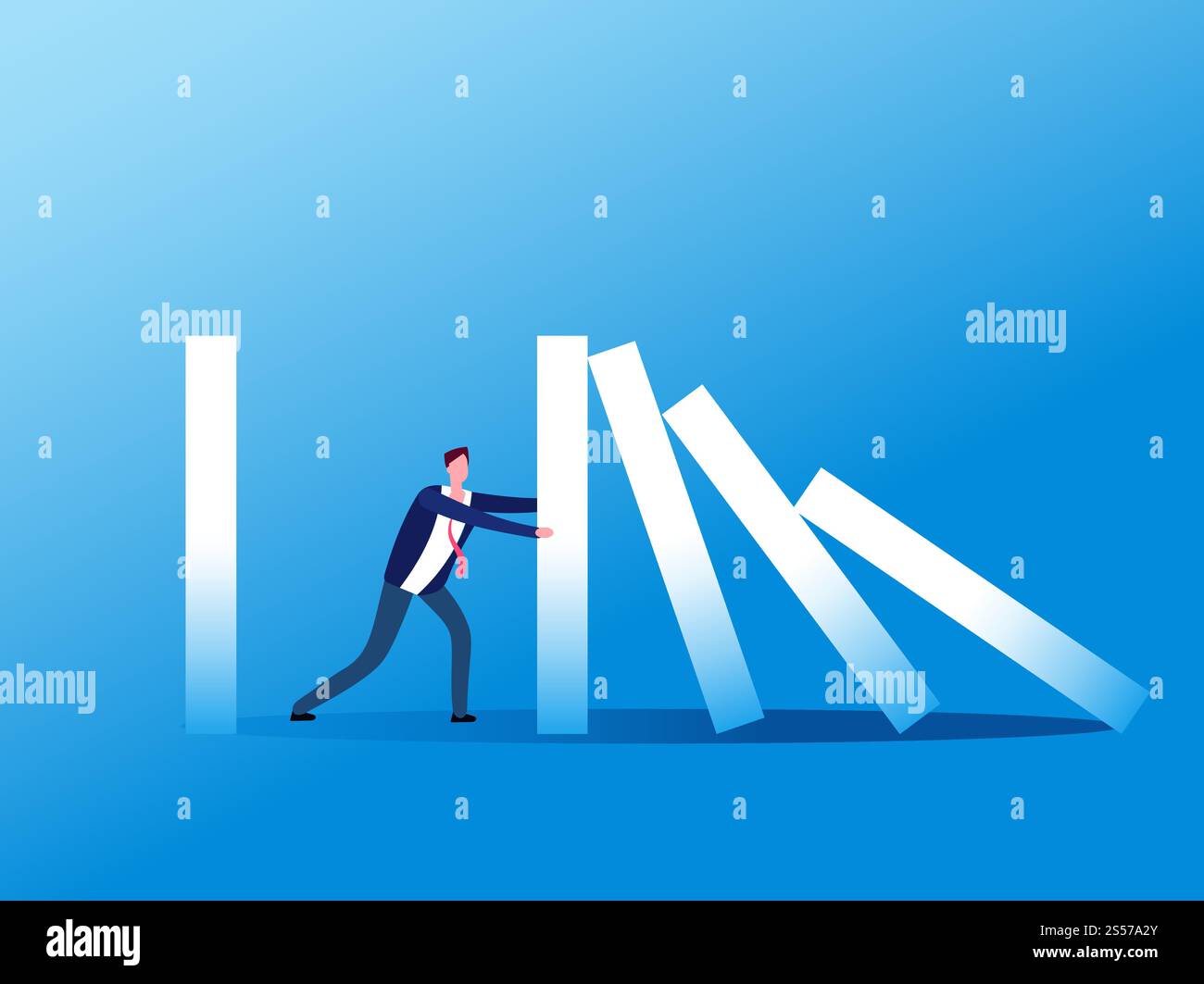 Domino effect. Businessman stopping falling domino. Crisis management ...