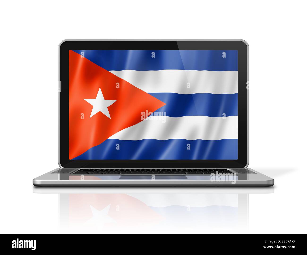 Cuba flag on laptop screen isolated on white. 3D illustration render ...