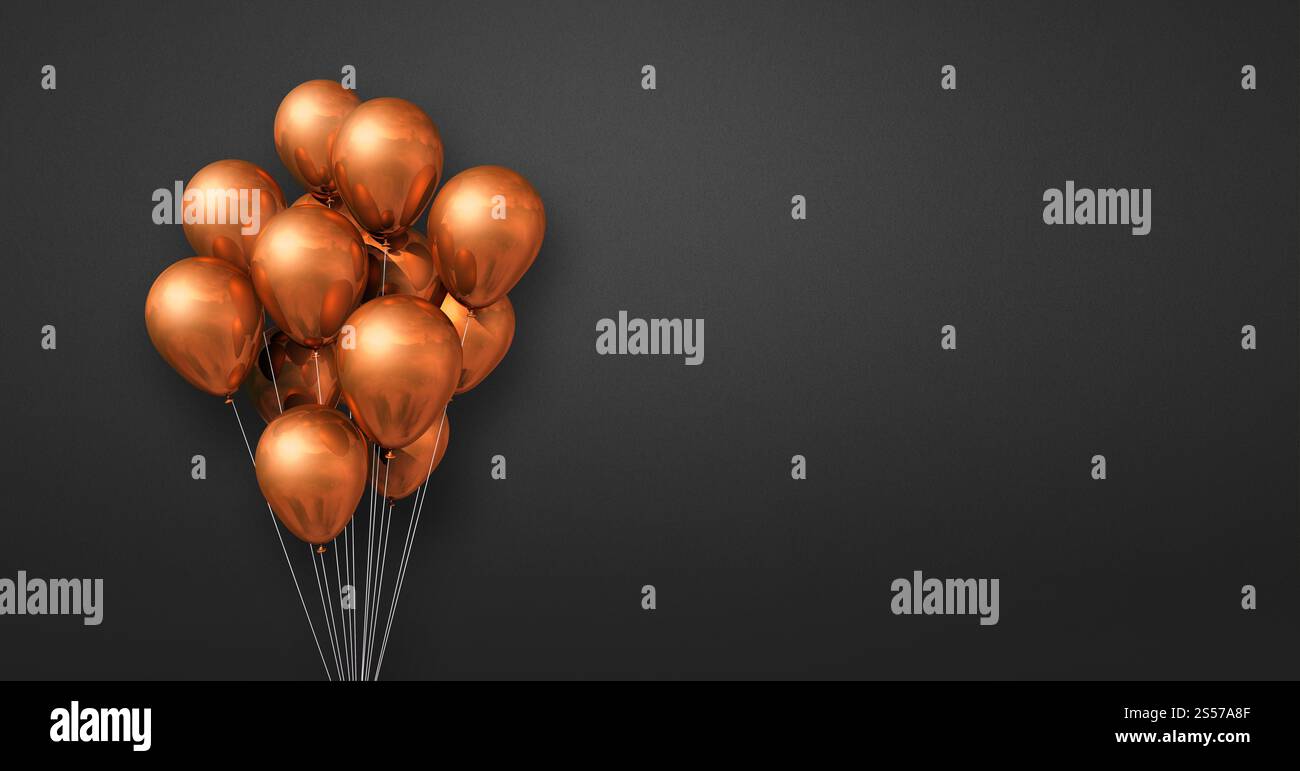 Copper balloons bunch on a black wall background. Horizontal banner. 3D ...