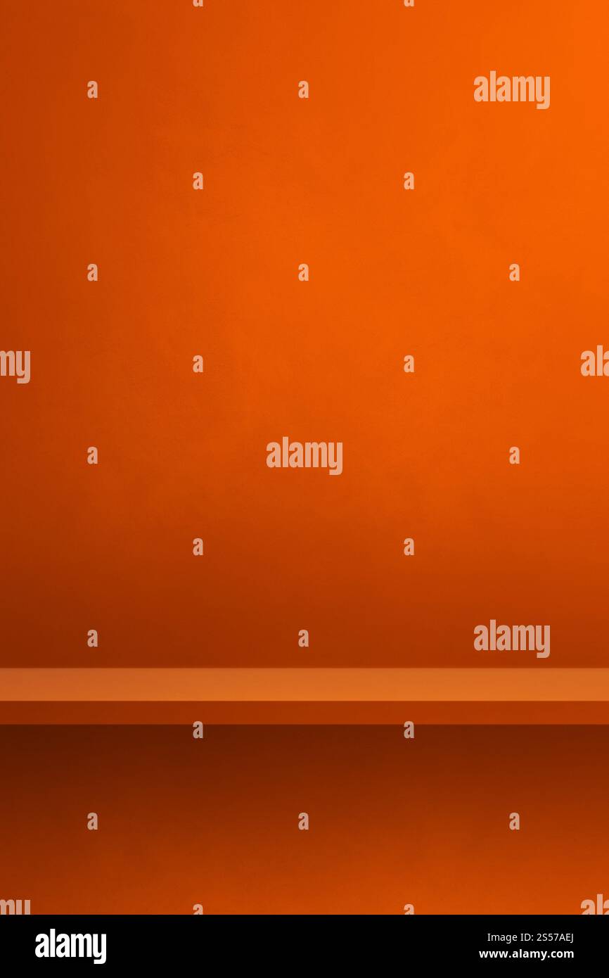 Empty shelf on orange wall. Background template scene. Vertical ...