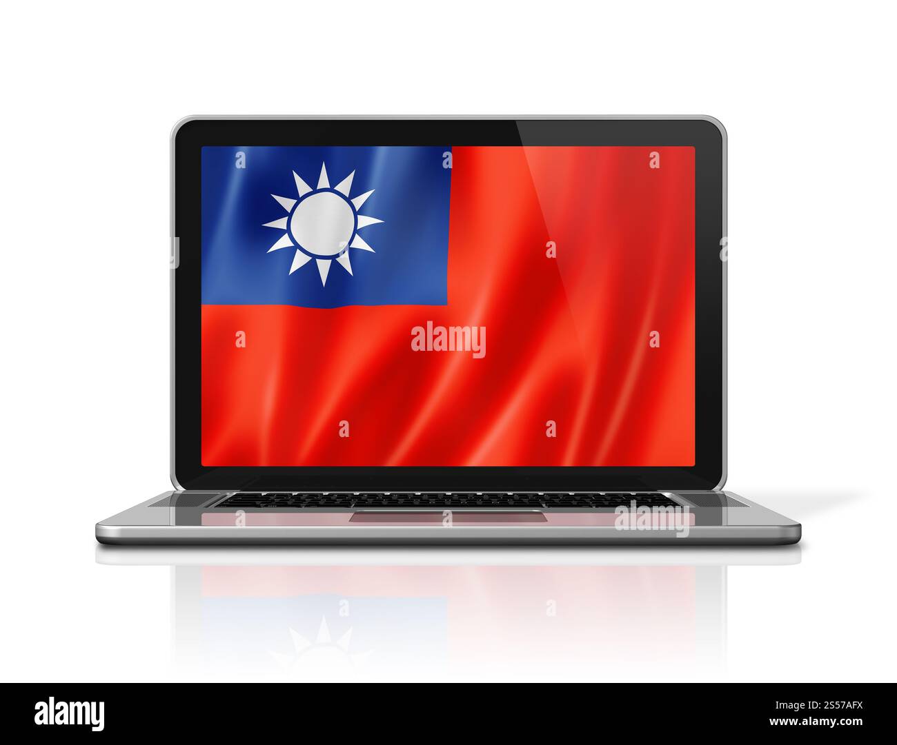 Taiwan flag on laptop screen isolated on white. 3D illustration render ...