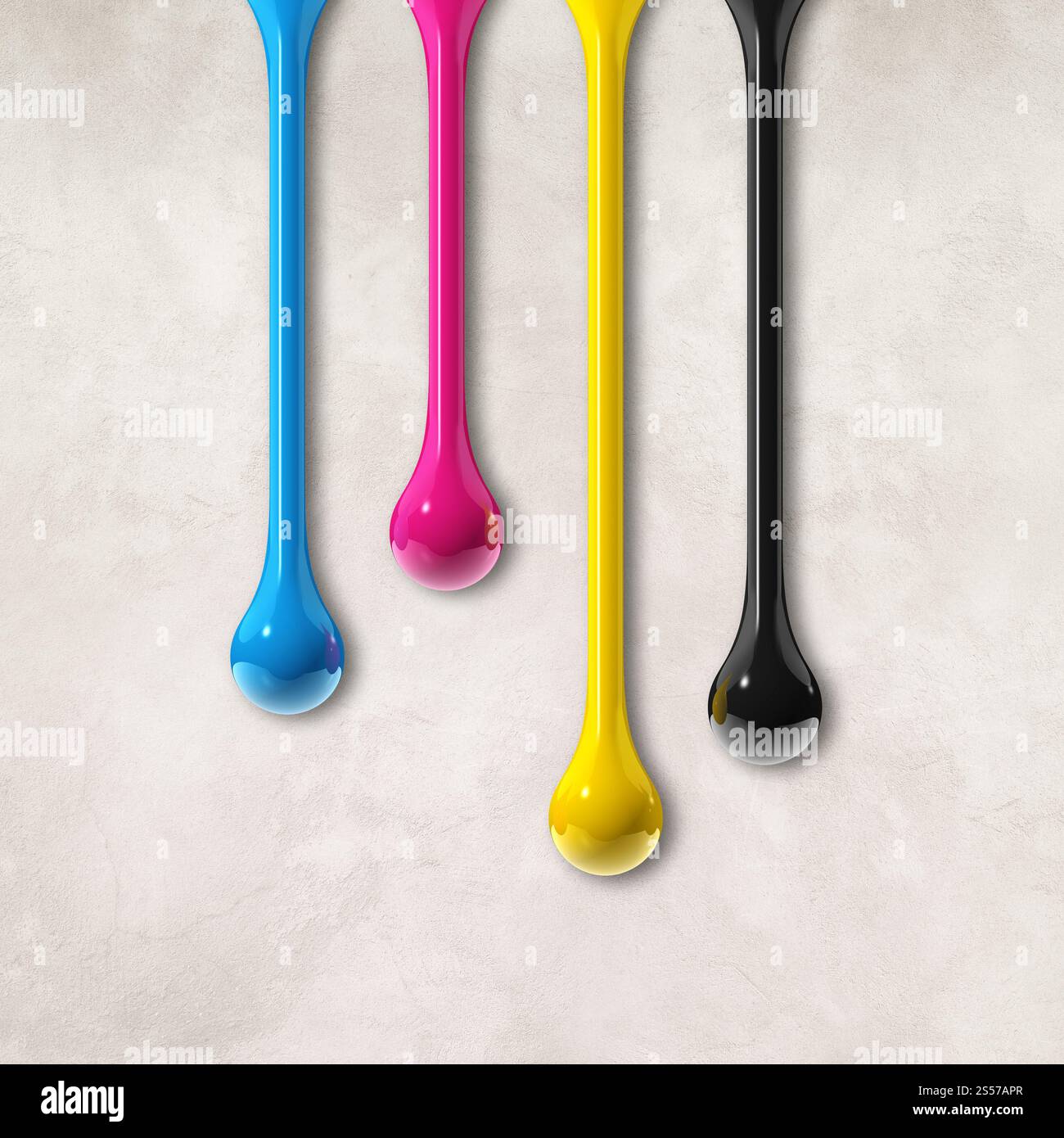 3D cmyk ink drops isolated on white concrete background. square ...