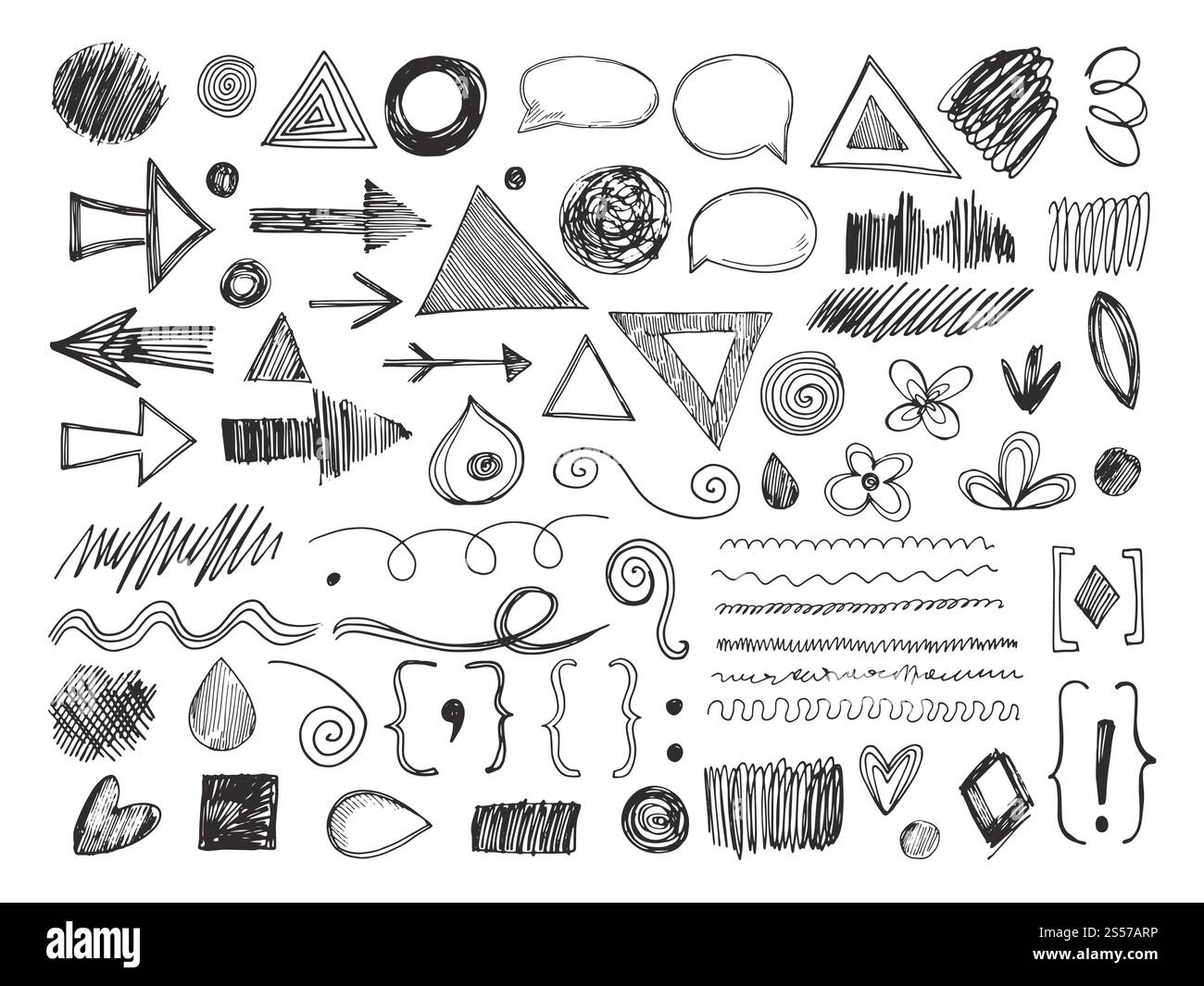 Doodle shapes. Pencil arrows, hand drawn textures and speech bubbles ...