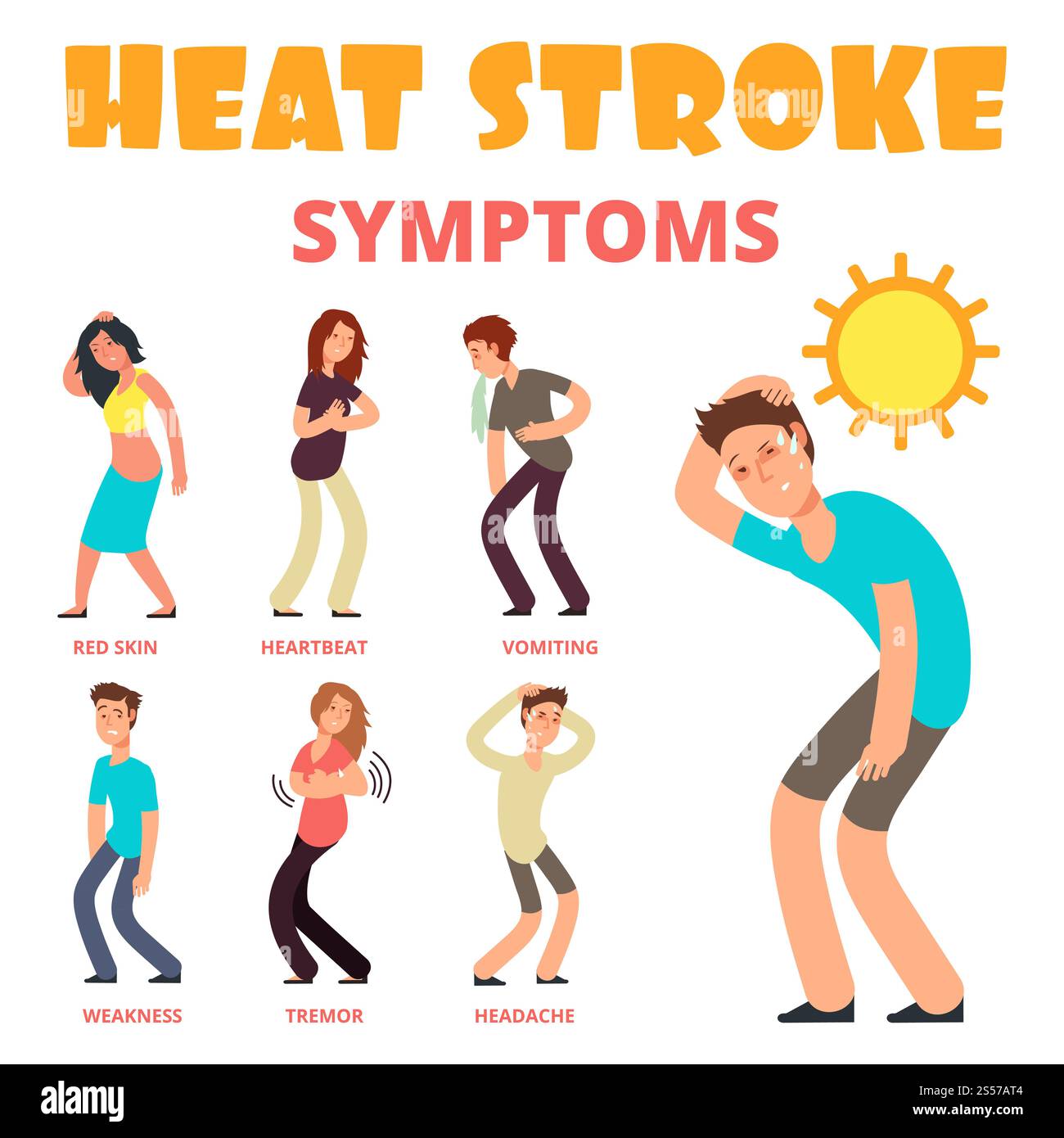 Heat stroke symptoms cartoon vector poster, Illustration of hot stroke ...