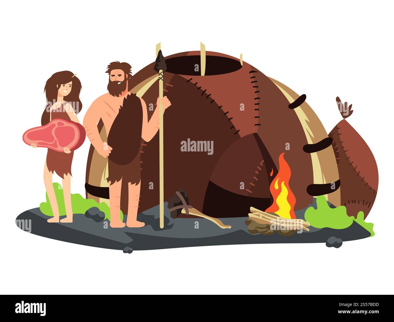 Stone age family with fireplace, food and home. Vector illustration ...