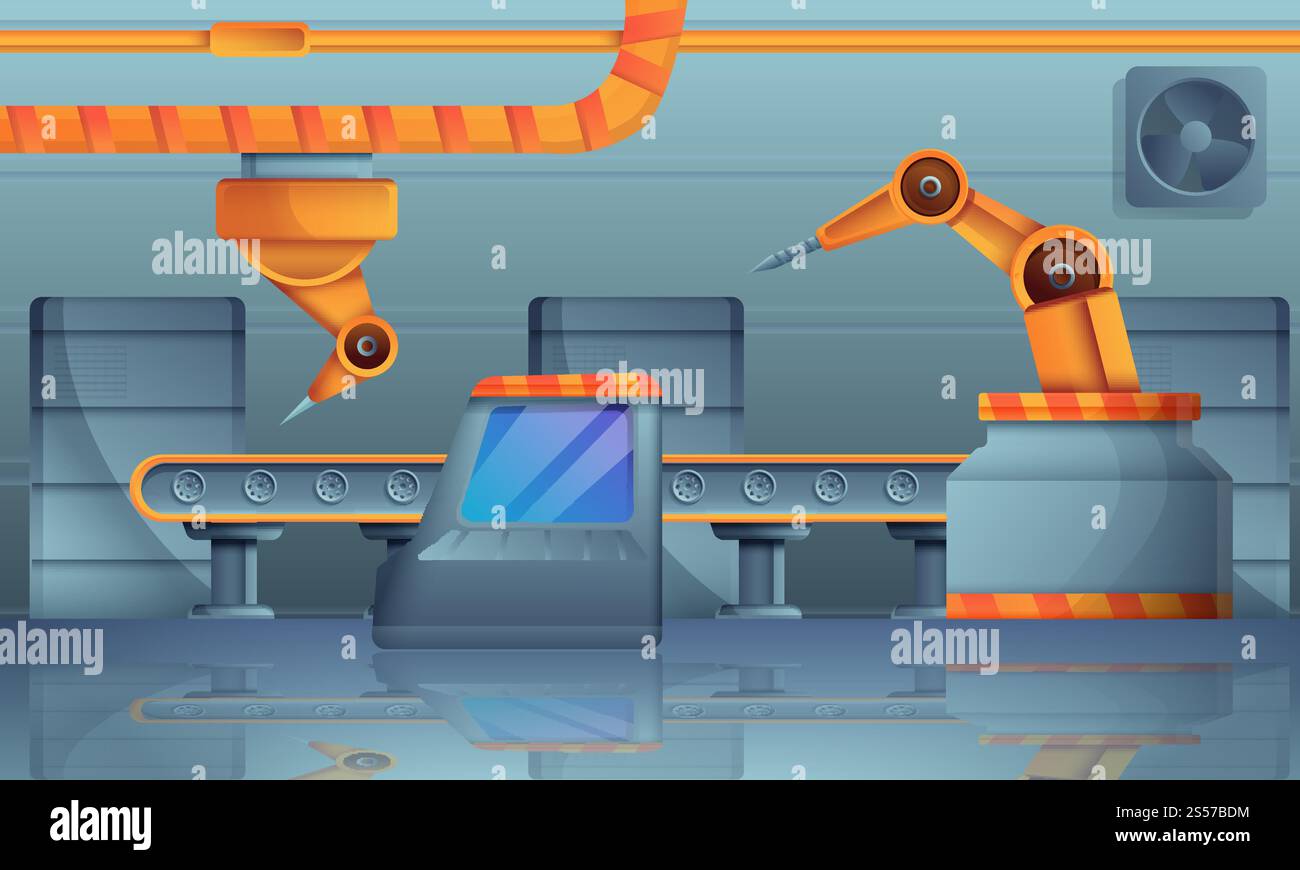 Assembly line concept banner. Cartoon illustration of assembly line ...