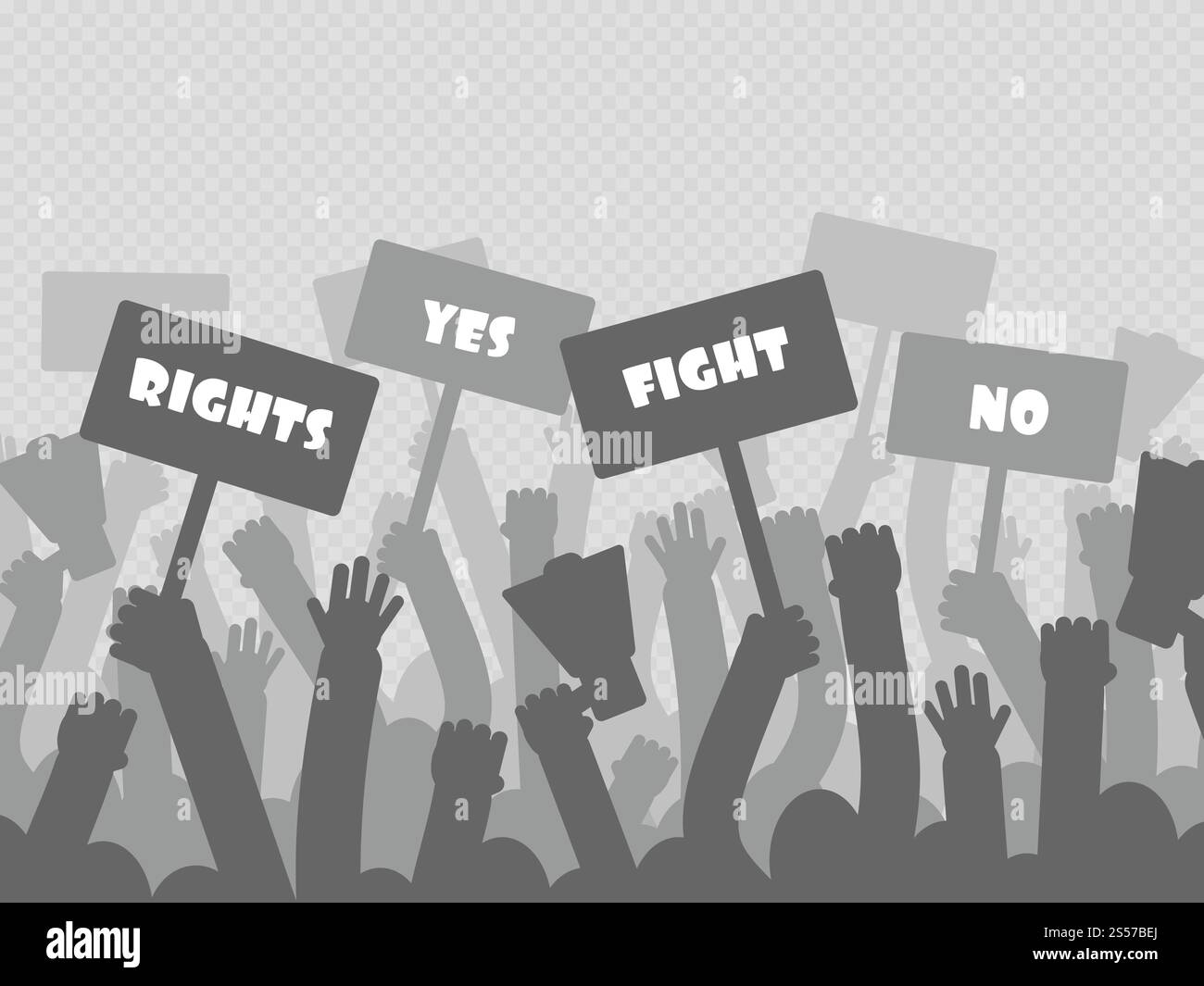 Political protest with silhouette protesters hands holding megaphone ...