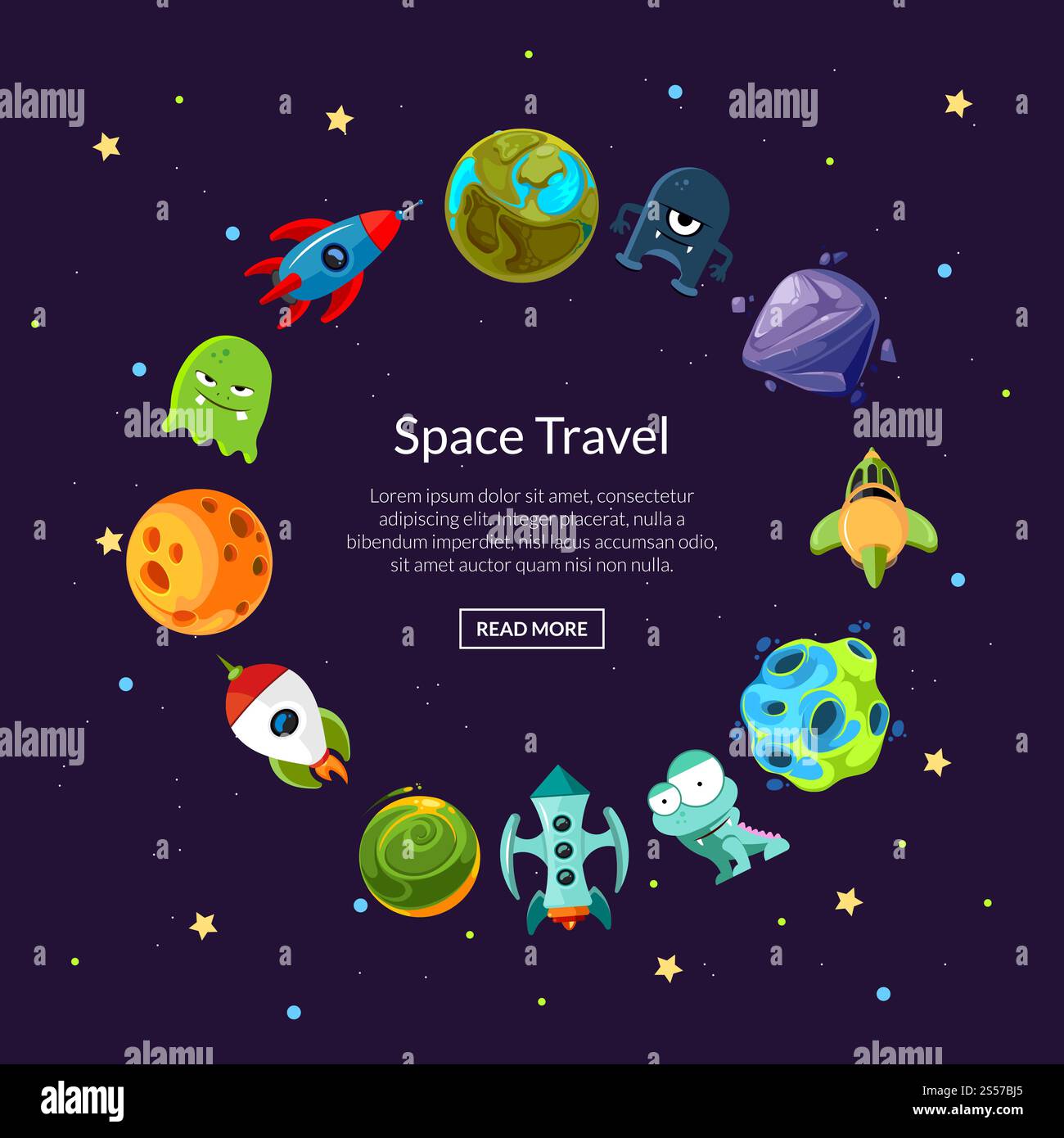 Vector cartoon space planets and ships in circle form with place for ...