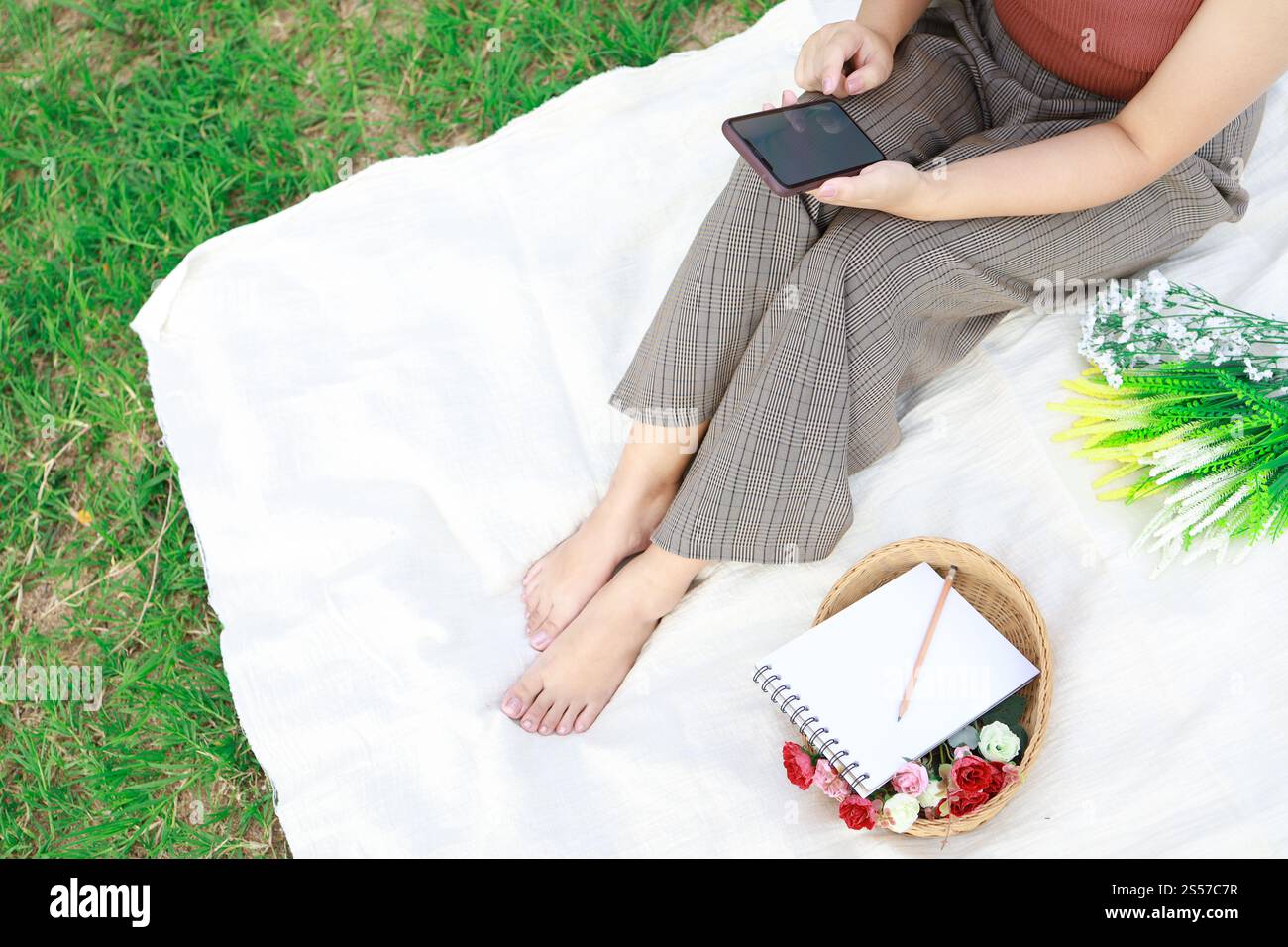 Asian woman alone resting on a picnic in nature park outside at sunny ...