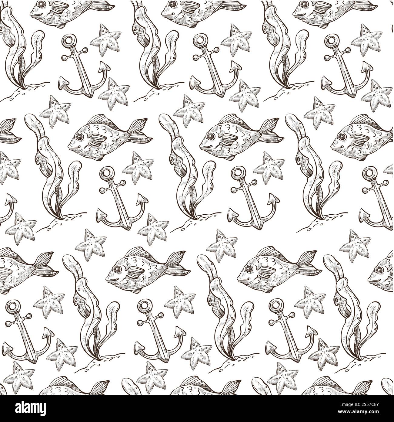 Aquarium or underwater life seamless pattern. Fish in water, seaweed ...
