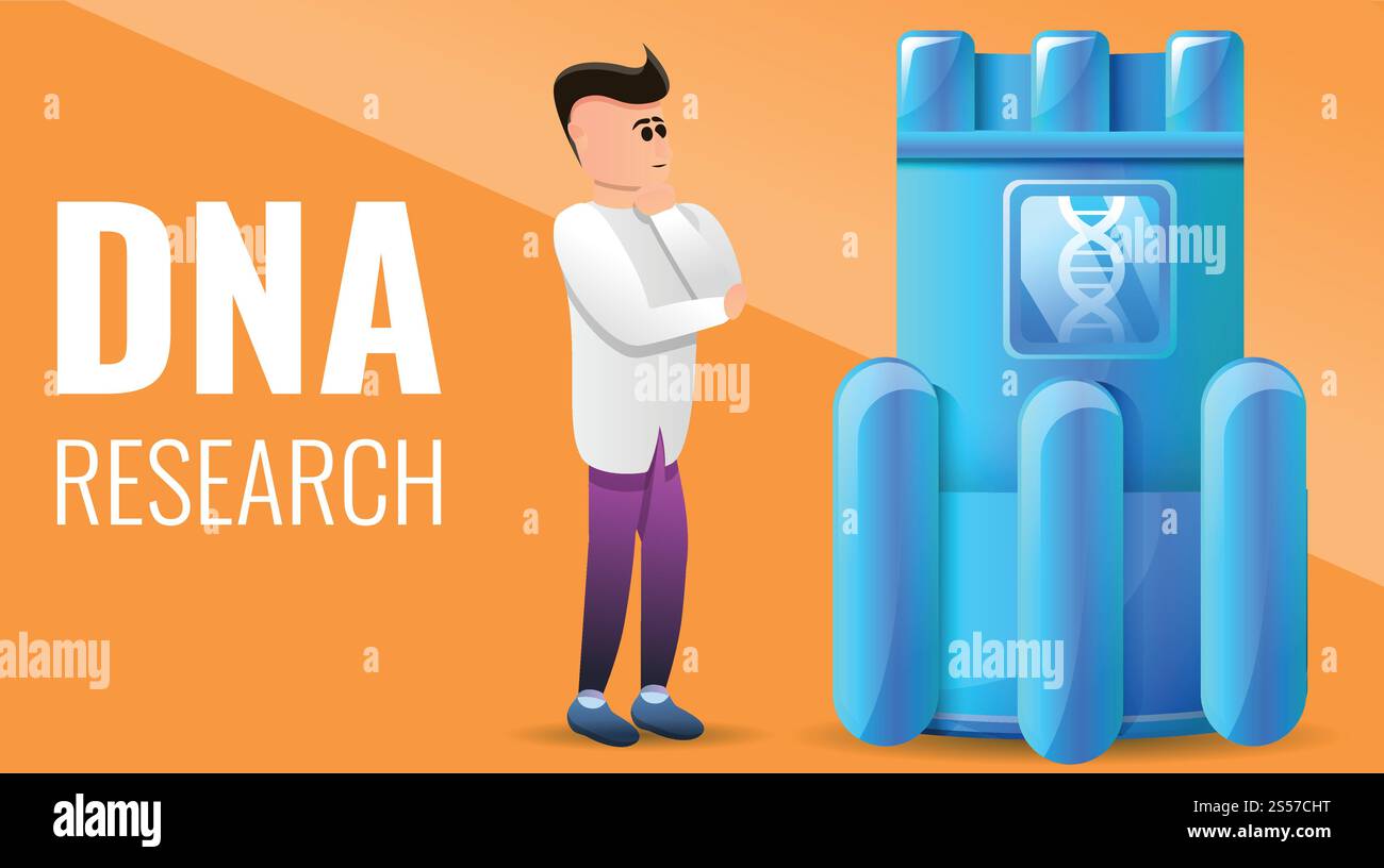 Modern dna research concept banner. Cartoon illustration of modern dna ...