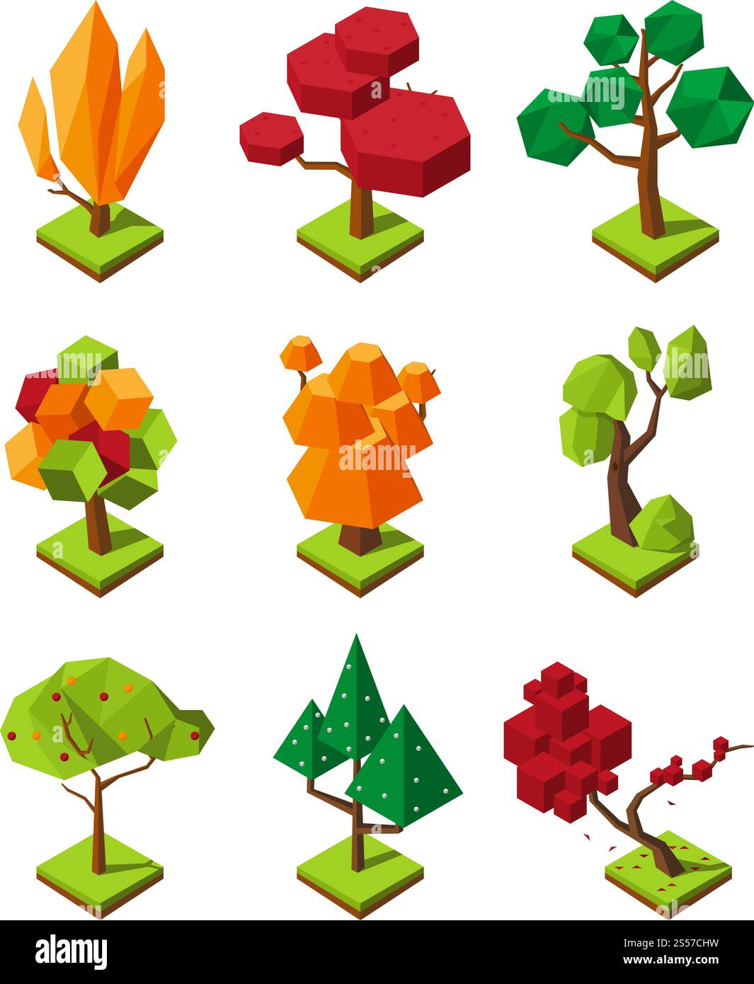 Isometric polygonal trees. Vector 3D trees isolate on white background ...
