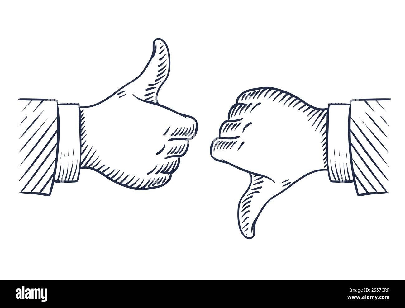 Hand drawn thumbs up and down. Like and unlike business isolated sketch ...