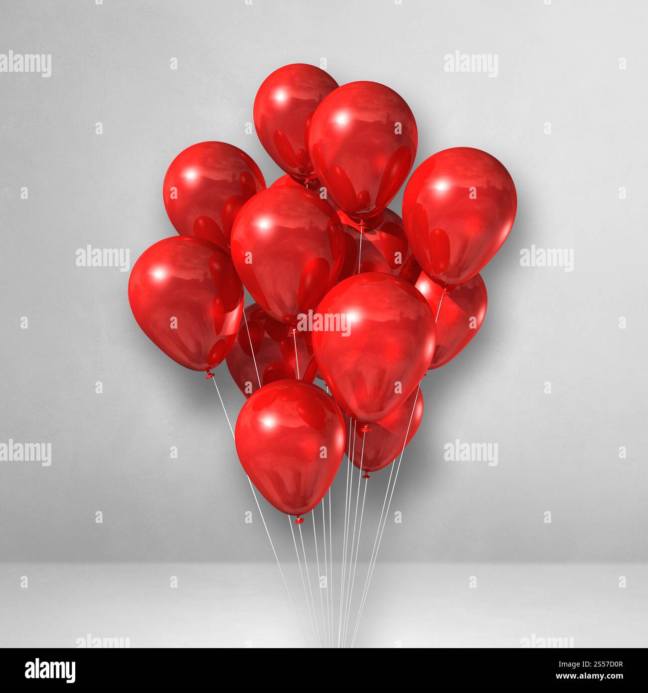 Red balloons bunch on a white wall background. 3D illustration render ...