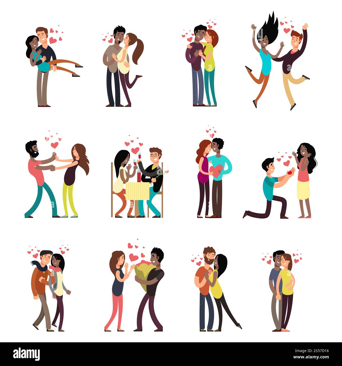 Happy young interracial couples in love collection vector cartoon characters illustration. Happy ...