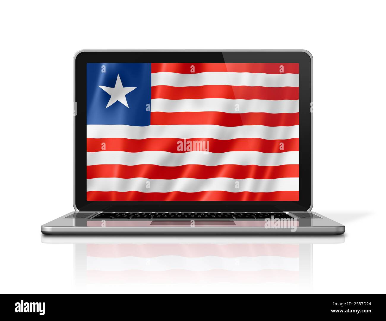 Liberia flag on laptop screen isolated on white. 3D illustration render ...