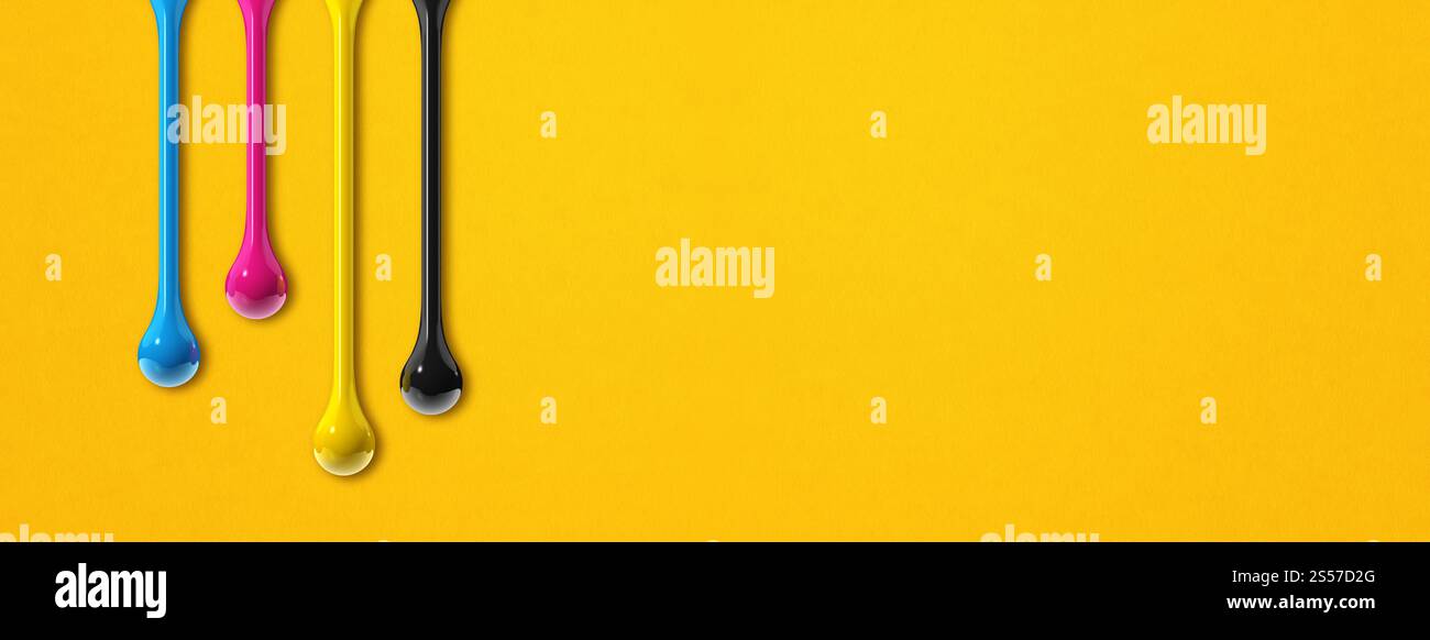 3D cmyk ink drops isolated on yellow paper background. Horizontal ...