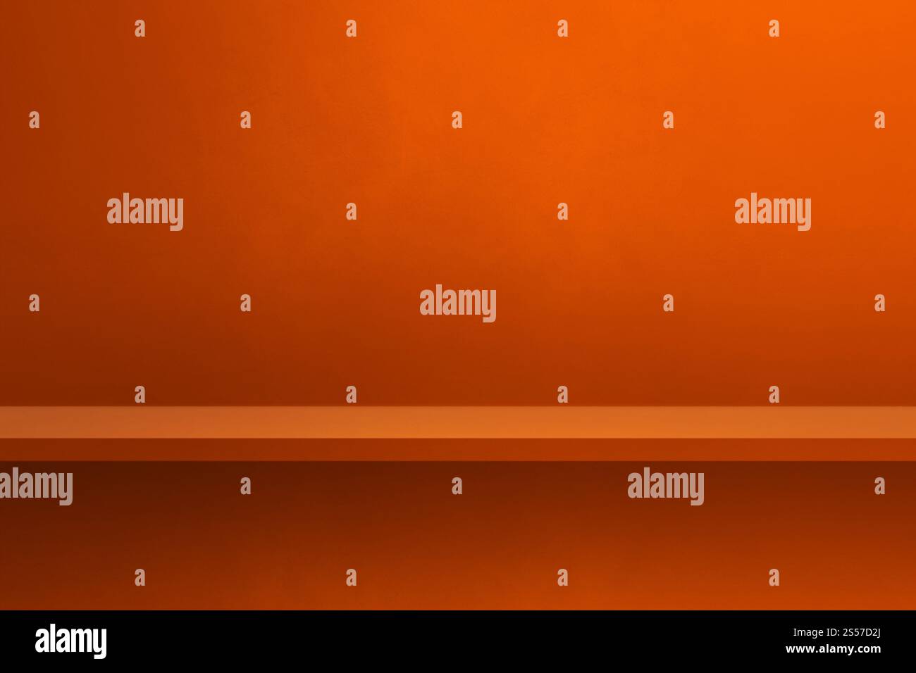 Empty shelf on orange wall. Background template scene. Horizontal ...