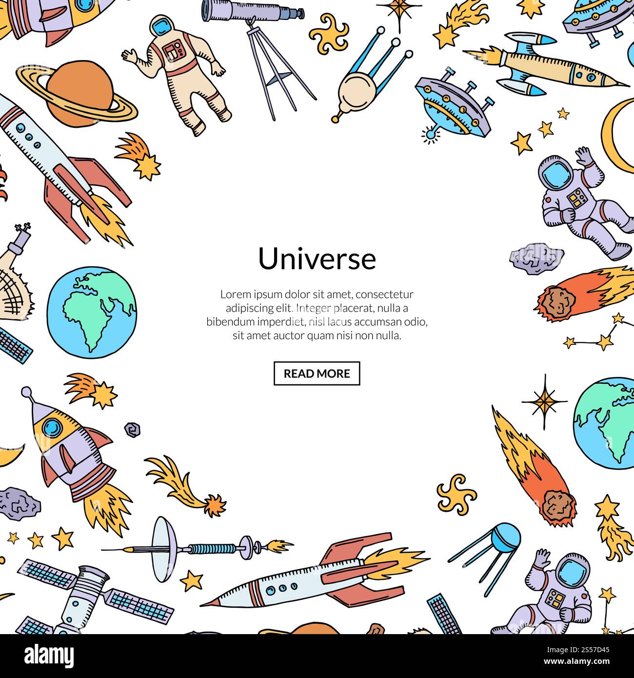 Vector hand drawn space elements rocket and planet background with ...