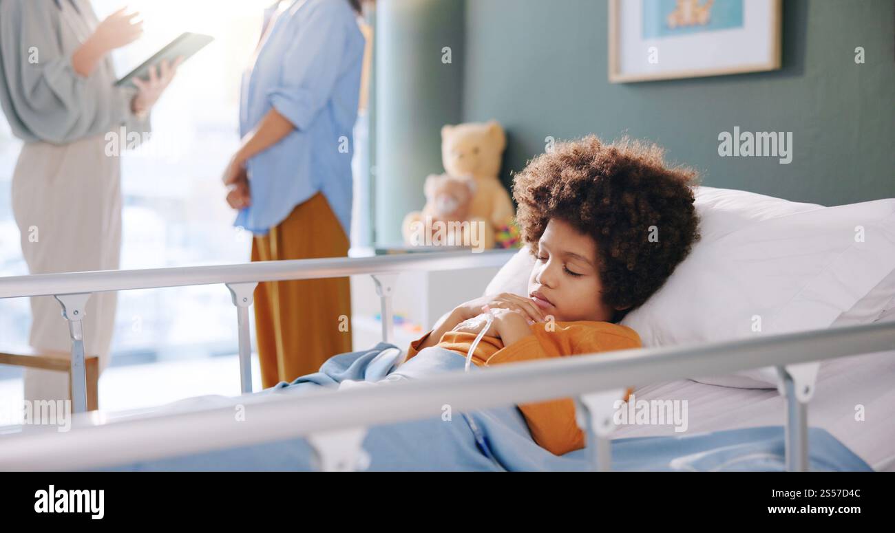 Child sleeping, hospital bed and sick patient for recovery, immune ...