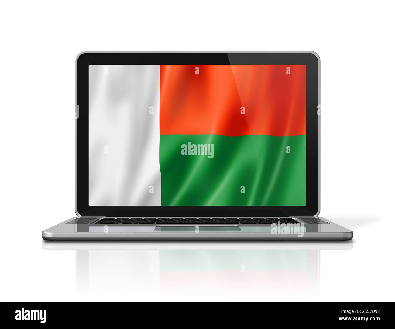 Madagascar flag on laptop screen isolated on white. 3D illustration ...