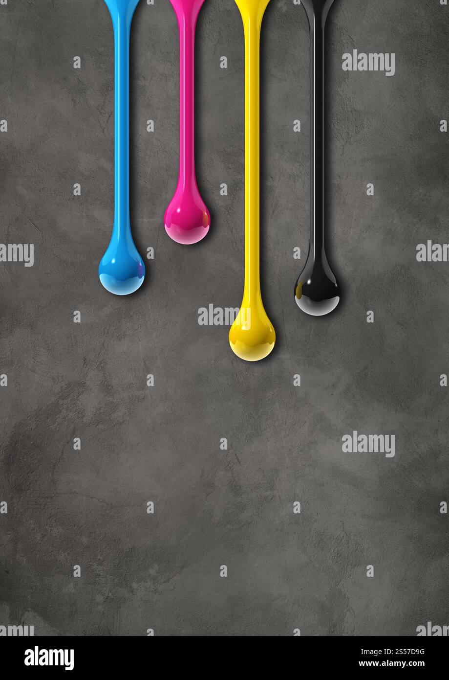 3D cmyk ink drops isolated on dark concrete background. Illustration ...